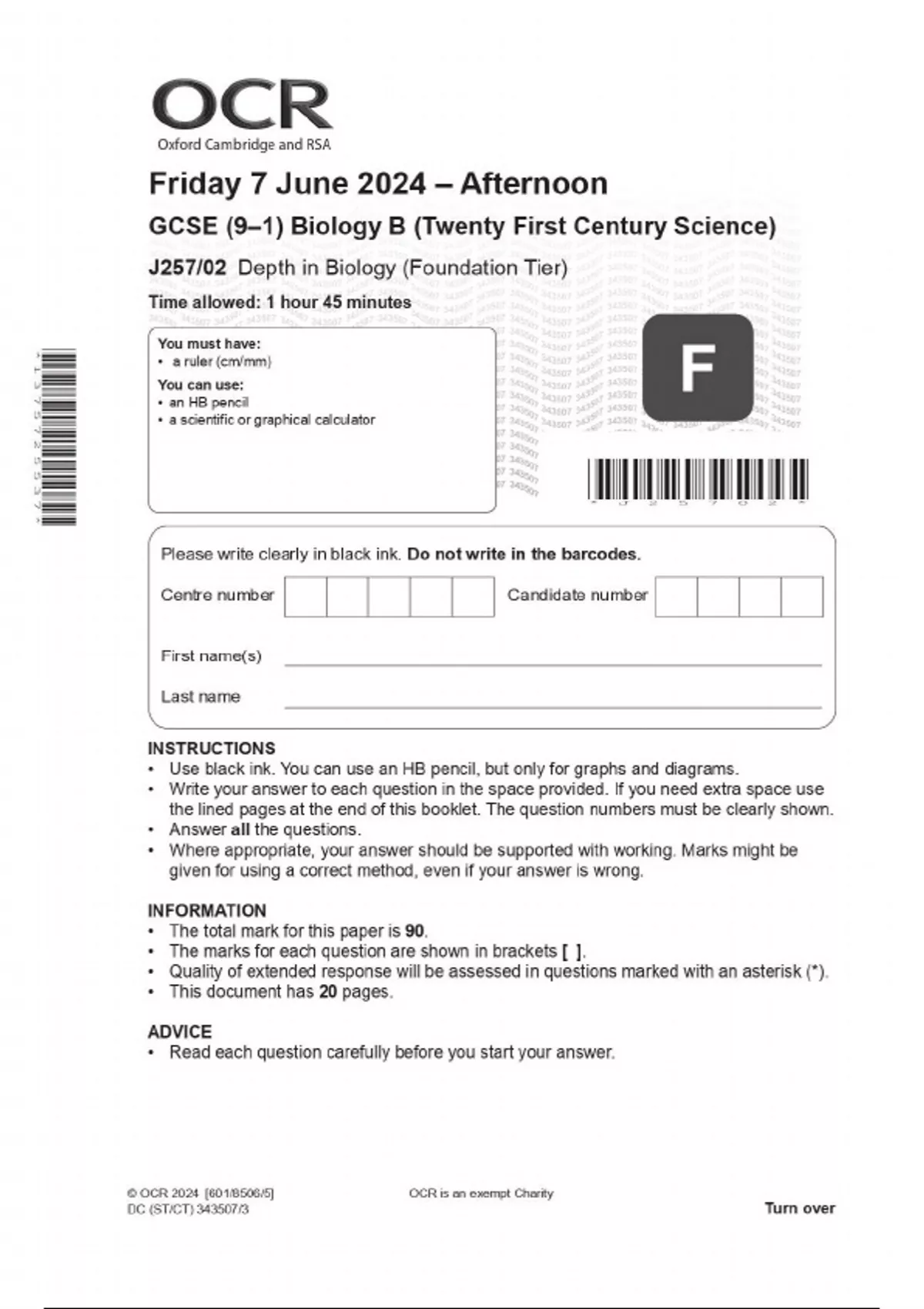ACTUAL 2024 OCR GCSE BIOLOGY B SCIENCE J257/02:DEPTH IN BIOLOGY FOUNDATION TIER - ACTUAL 2024 ...