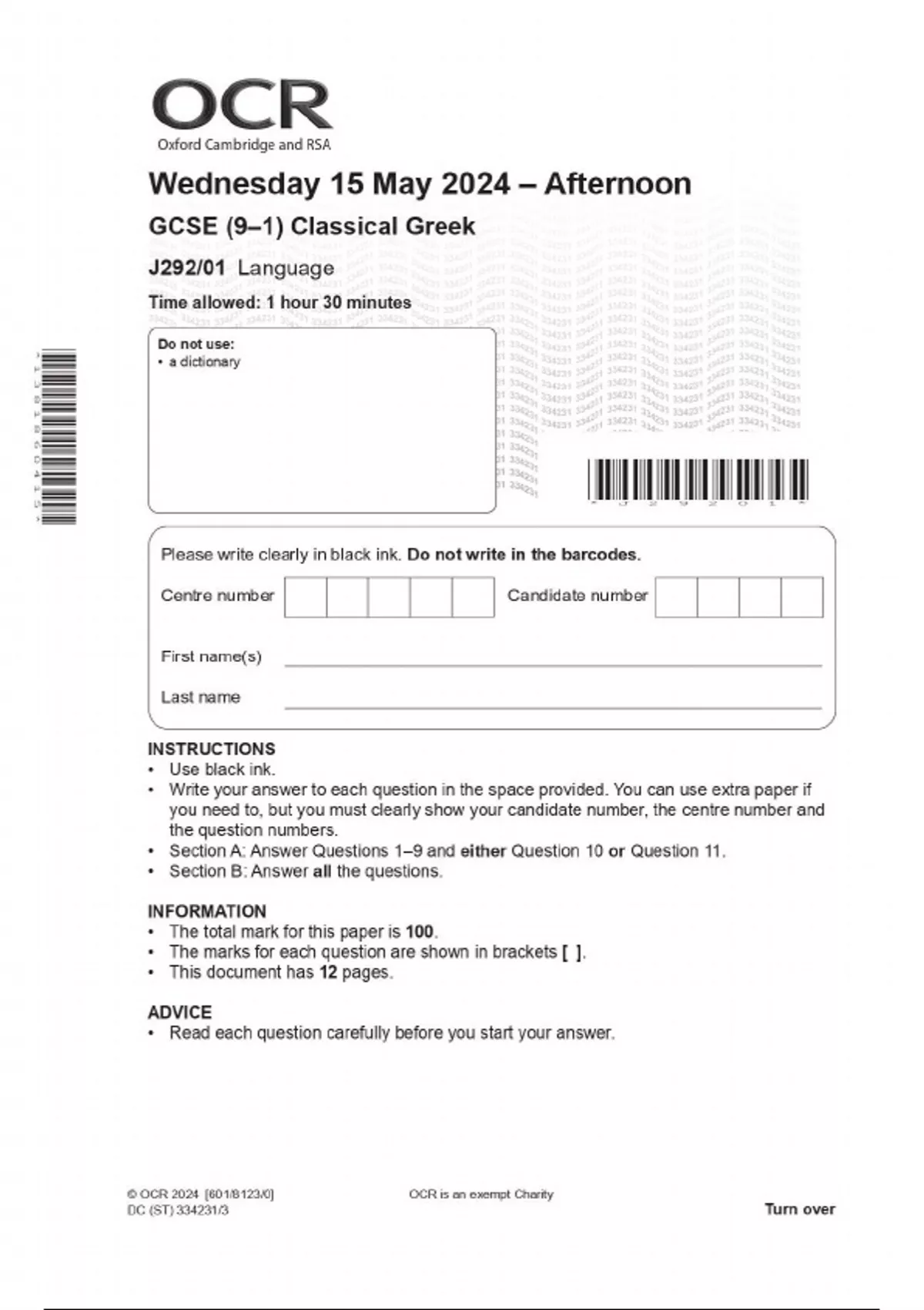 ACTUAL OCR 2024 GCSE (9–1) CLASSICAL GREEK J292/01 LANGUAGE GCSE MERGED QUESTIONS + MARK SCHEME ...