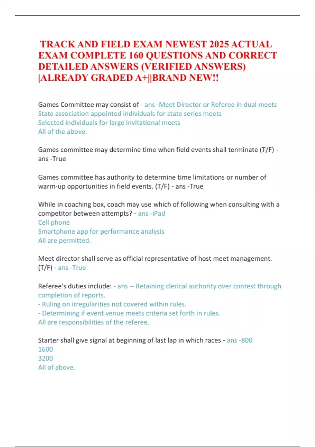 TRACK AND FIELD EXAM NEWEST 2025 ACTUAL EXAM COMPLETE 160 QUESTIONS AND ...