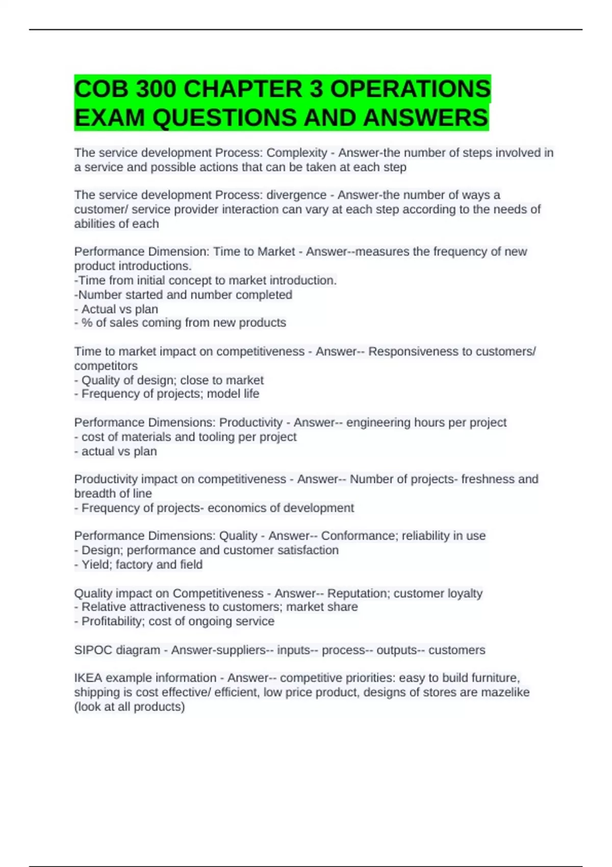 COB 300 CHAPTER 3 OPERATIONS EXAM QUESTIONS AND ANSWERS - COB 300 - Stuvia US