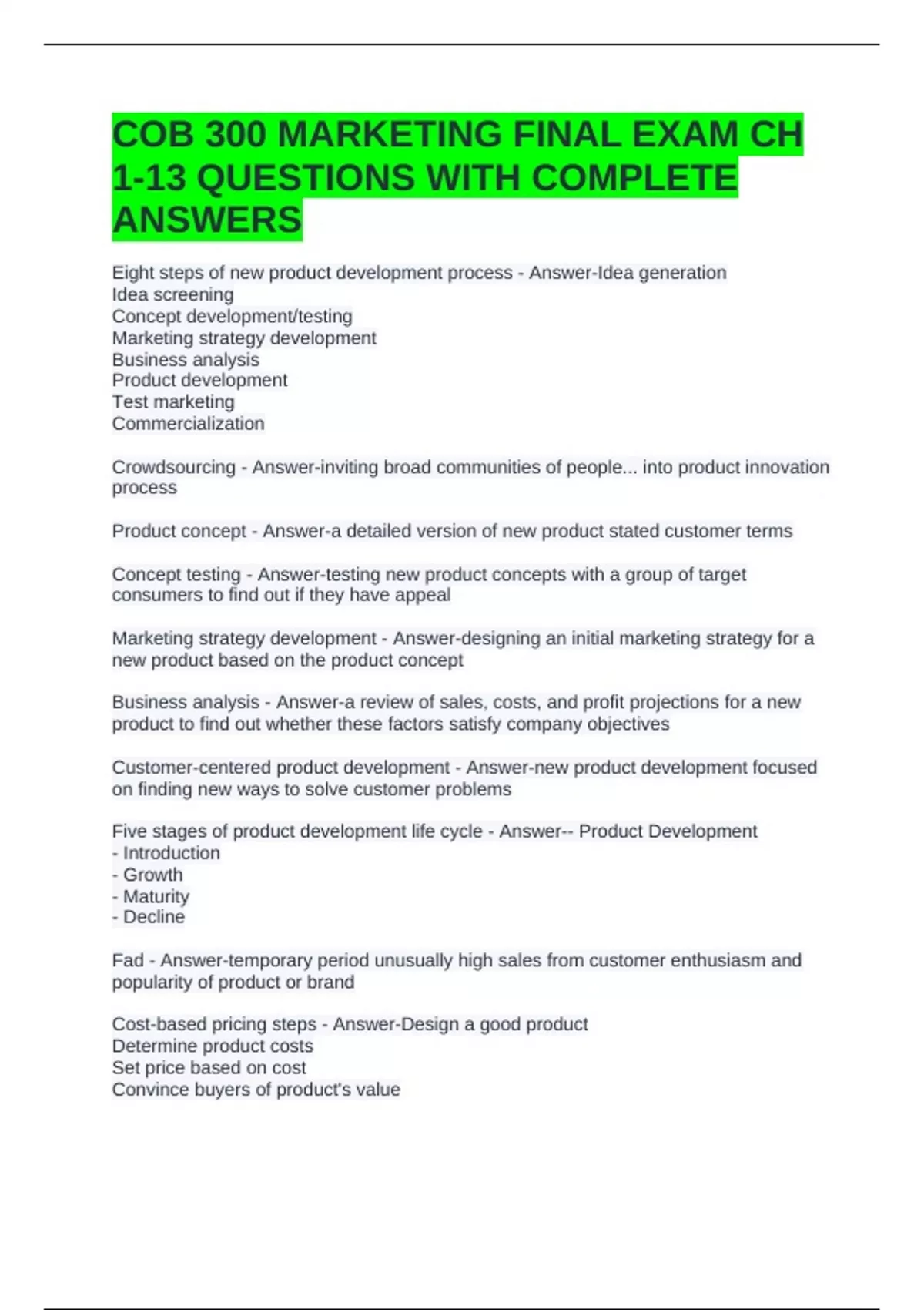 COB 300 MARKETING FINAL EXAM CH 1-13 QUESTIONS WITH COMPLETE ANSWERS - COB 300 - Stuvia US