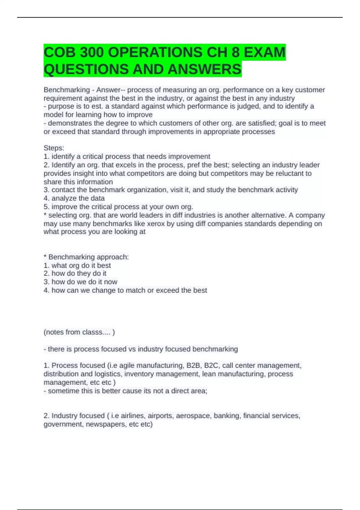 COB 300 OPERATIONS CH 8 EXAM QUESTIONS AND ANSWERS - COB 300 - Stuvia US