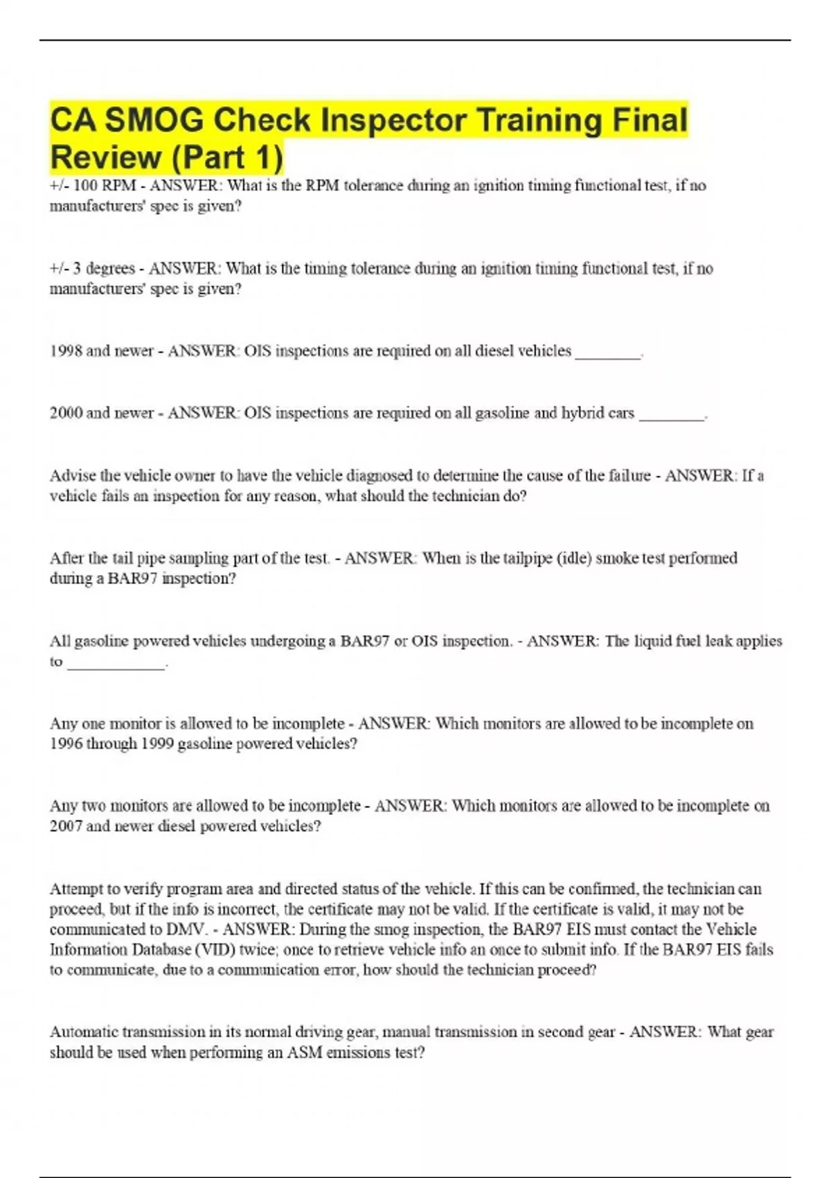 CA SMOG Check Inspector Training Final Review (Part 1) - SMOG - Stuvia US