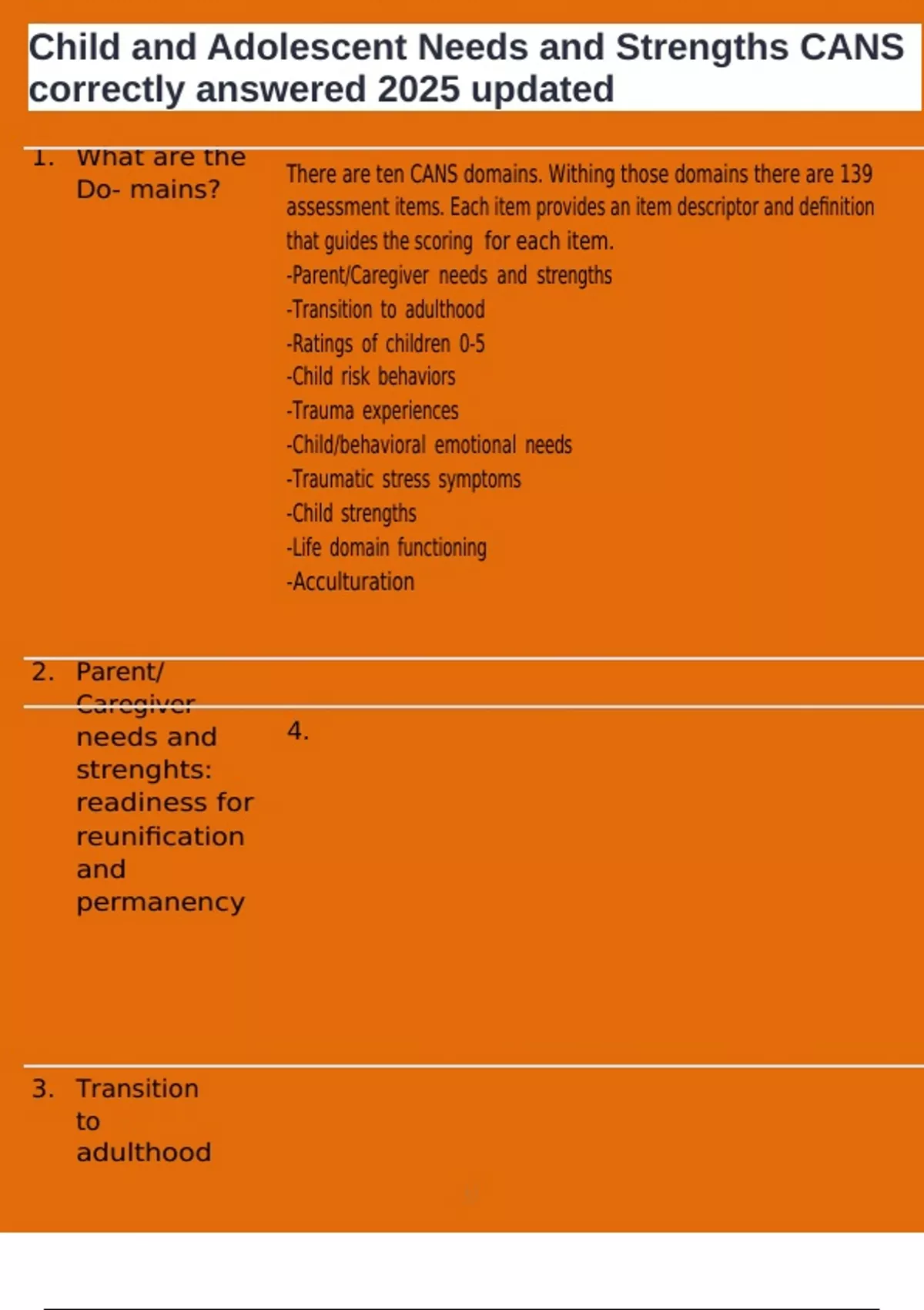 Child and Adolescent Needs and Strengths CANS correctly answered 2025 ...