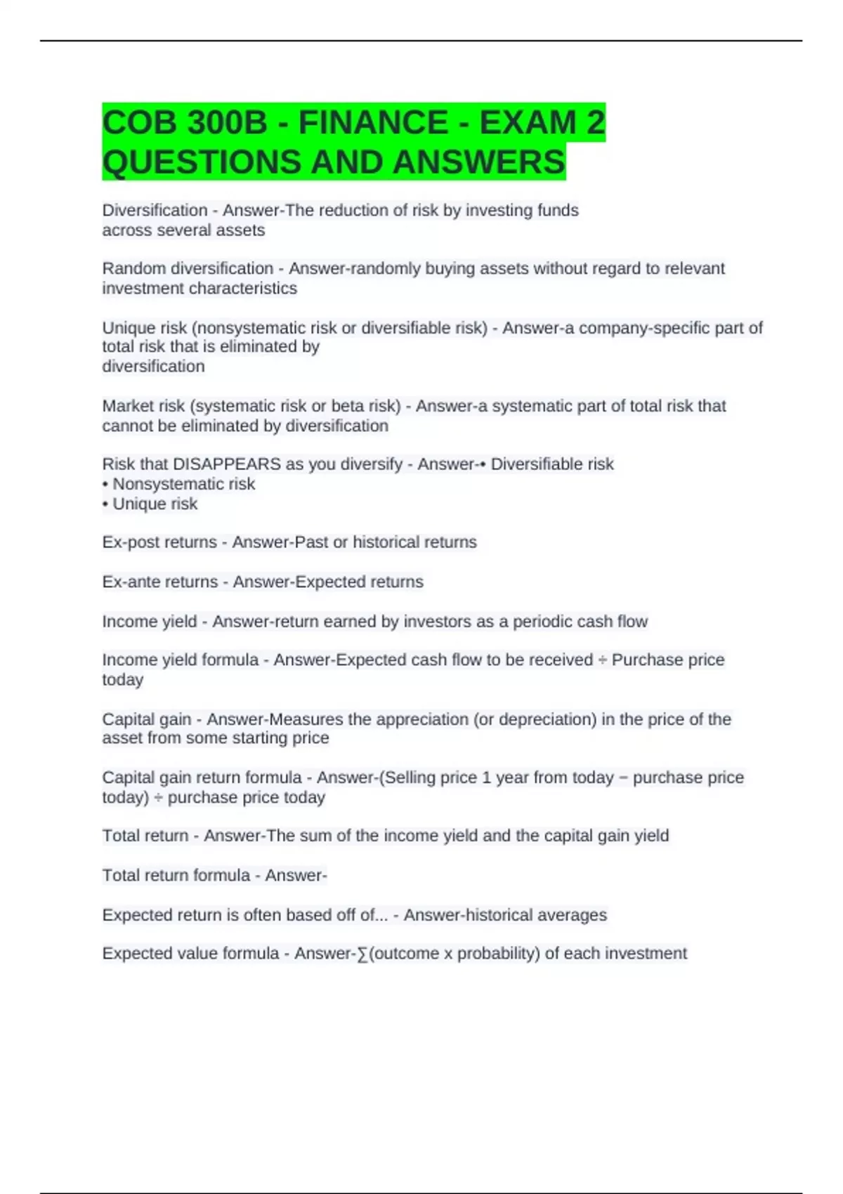 COB 300B - FINANCE - EXAM 2 QUESTIONS AND ANSWERS - COB 300 - Stuvia US