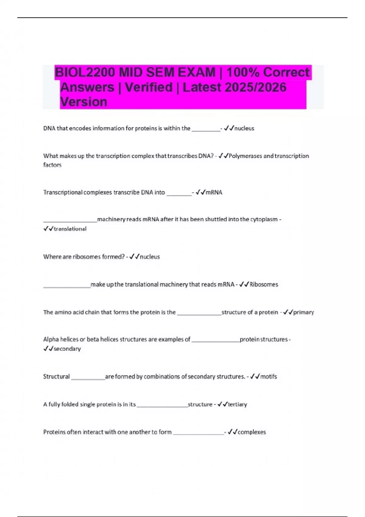 BIOL2200 MID SEM EXAM | 100% Correct Answers | Verified | Latest 2025/ ...