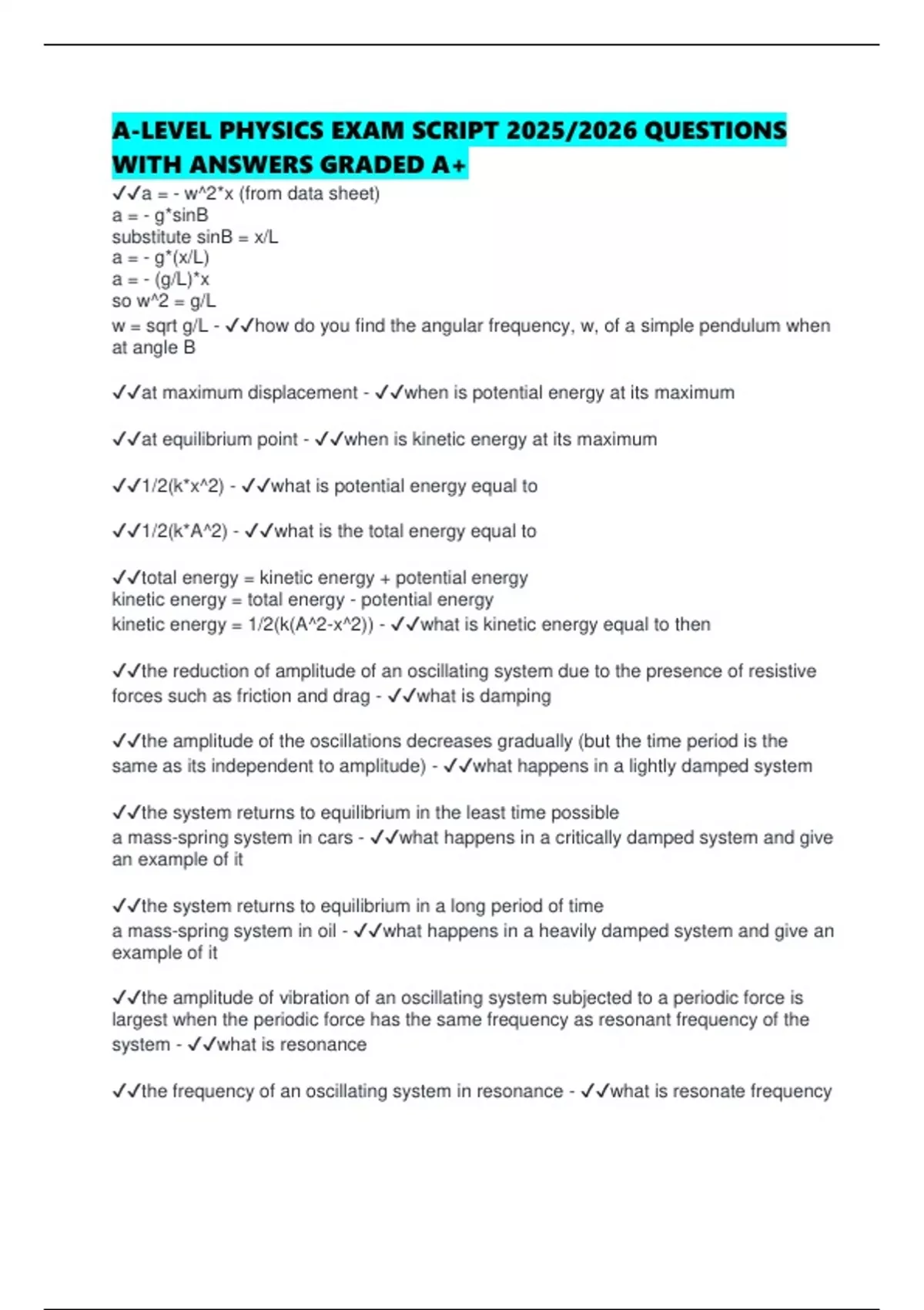 A-LEVEL PHYSICS EXAM SCRIPT 2025/2026 QUESTIONS WITH ANSWERS GRADED A+ ...
