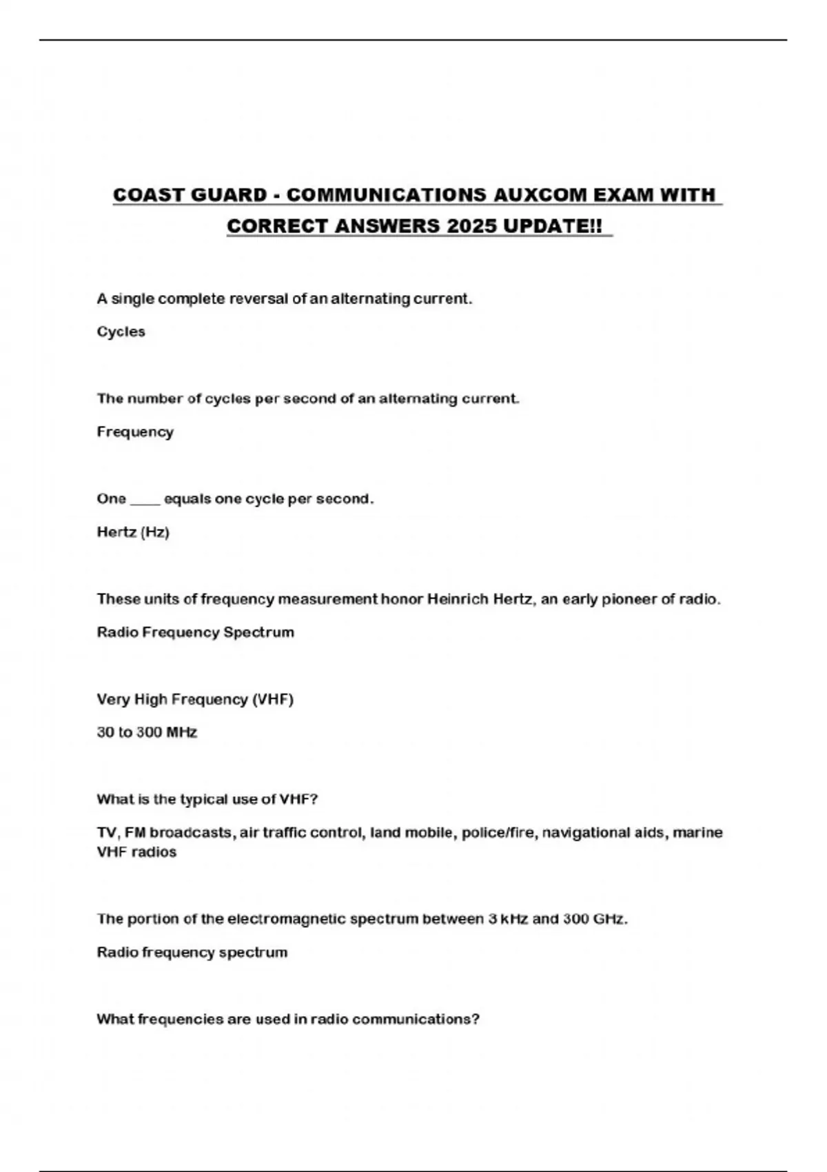 COAST GUARD - COMMUNICATIONS AUXCOM EXAM WITH CORRECT ANSWERS 2025 ...