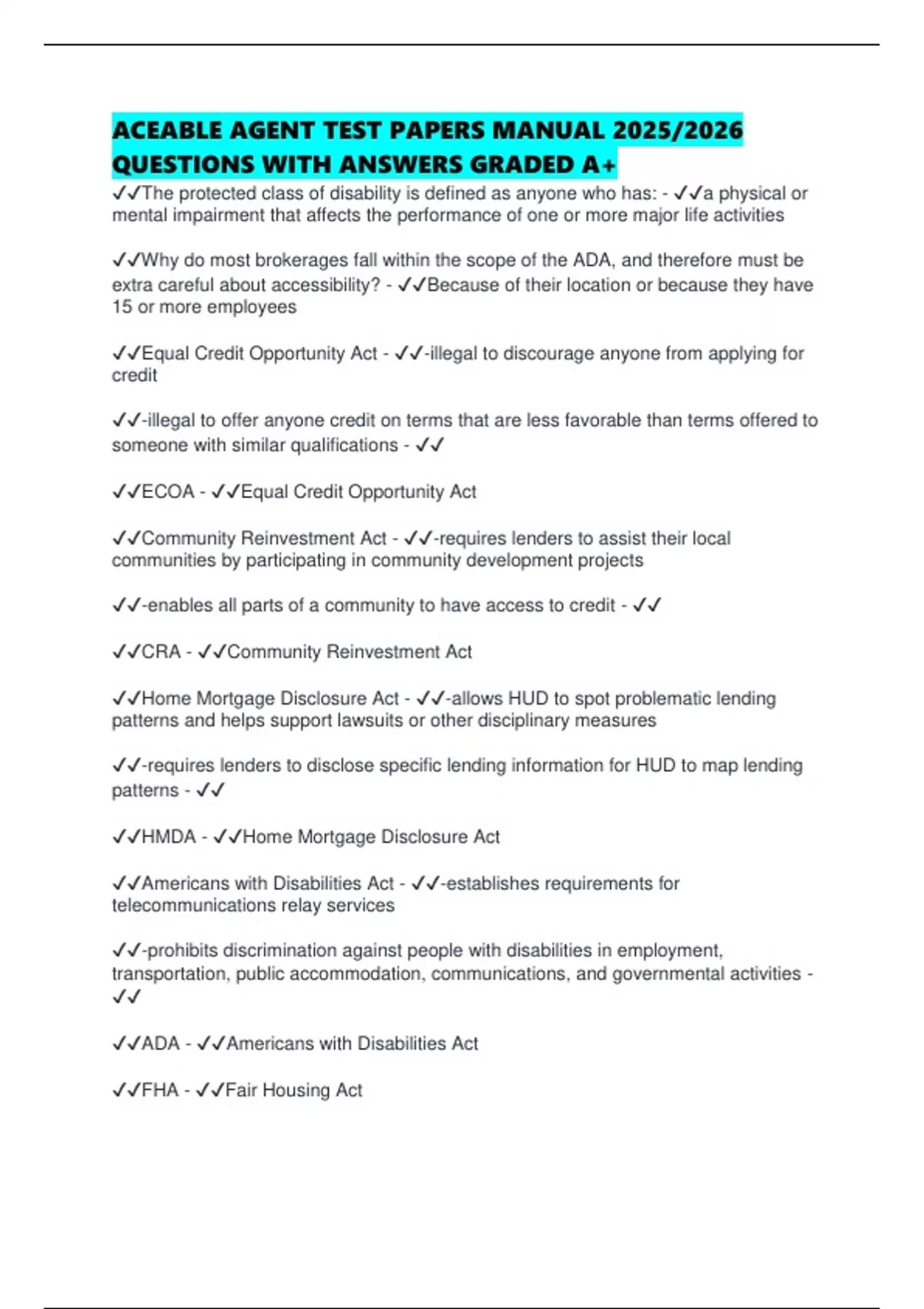 ACEABLE AGENT TEST PAPERS MANUAL 2025/2026 QUESTIONS WITH ANSWERS ...