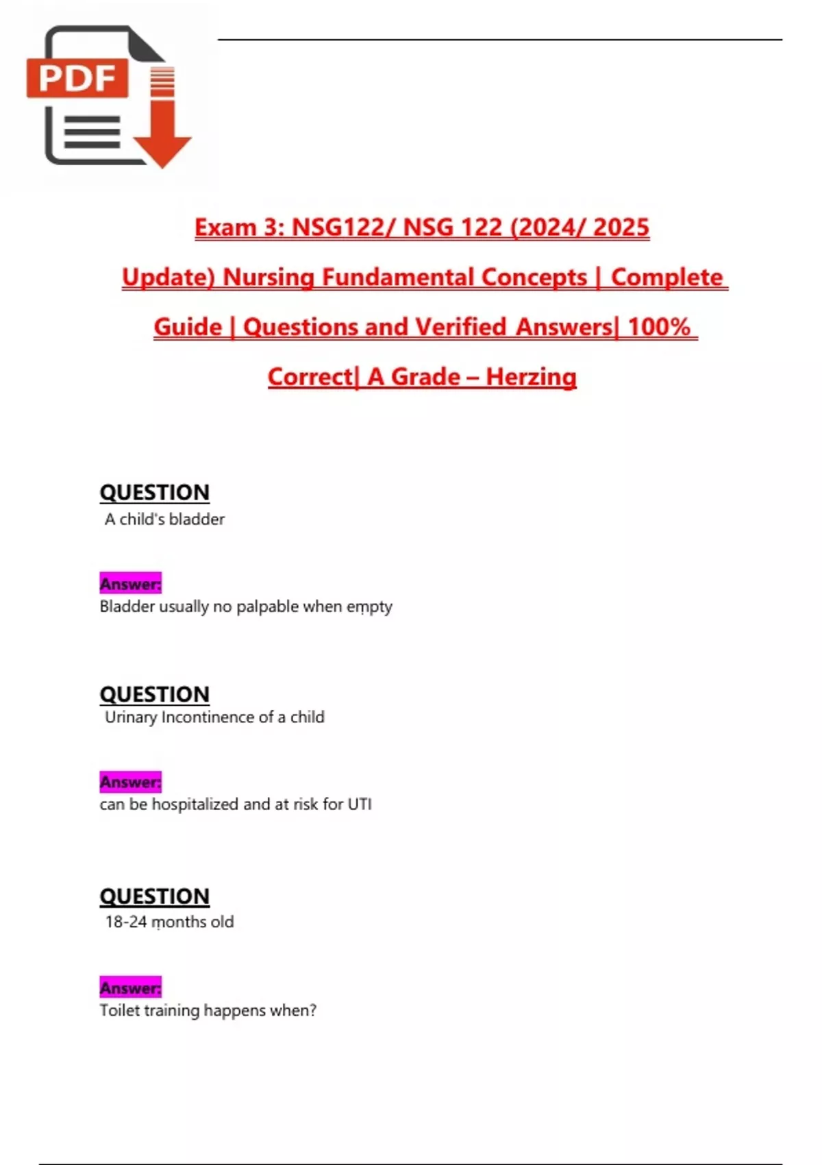 Exam 3: NSG122/ NSG 122 (2024/ 2025 Update) Nursing Fundamental ...