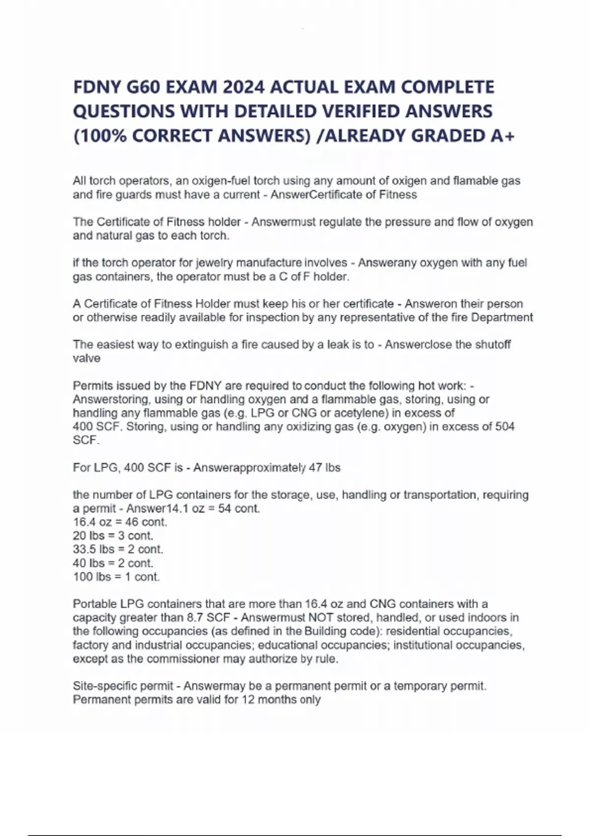 FDNY G60 EXAM 2024 ACTUAL EXAM COMPLETE QUESTIONS WITH DETAILED ...