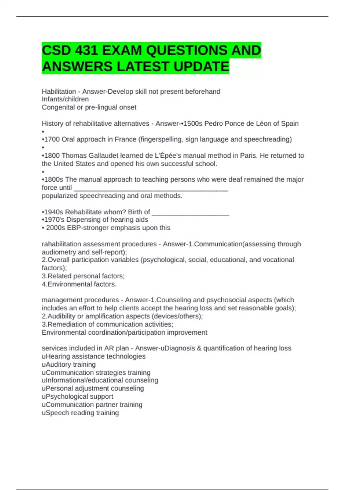 CSD 431 PRACTICE EXAM QUESTIONS AND ANSWERS - CSD 431 - Stuvia US