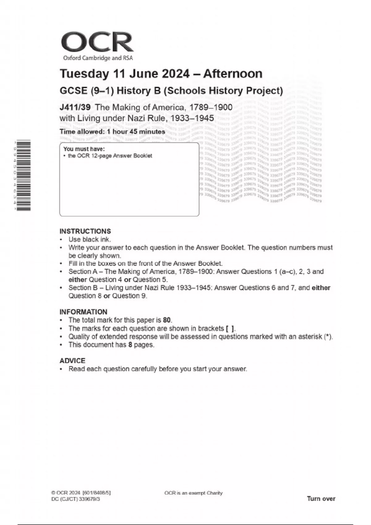 ACTUAL 2024 OCR GCSE (9-1) HISTORY B SCHOOLS HISTORY PROJECT J411/39 ...