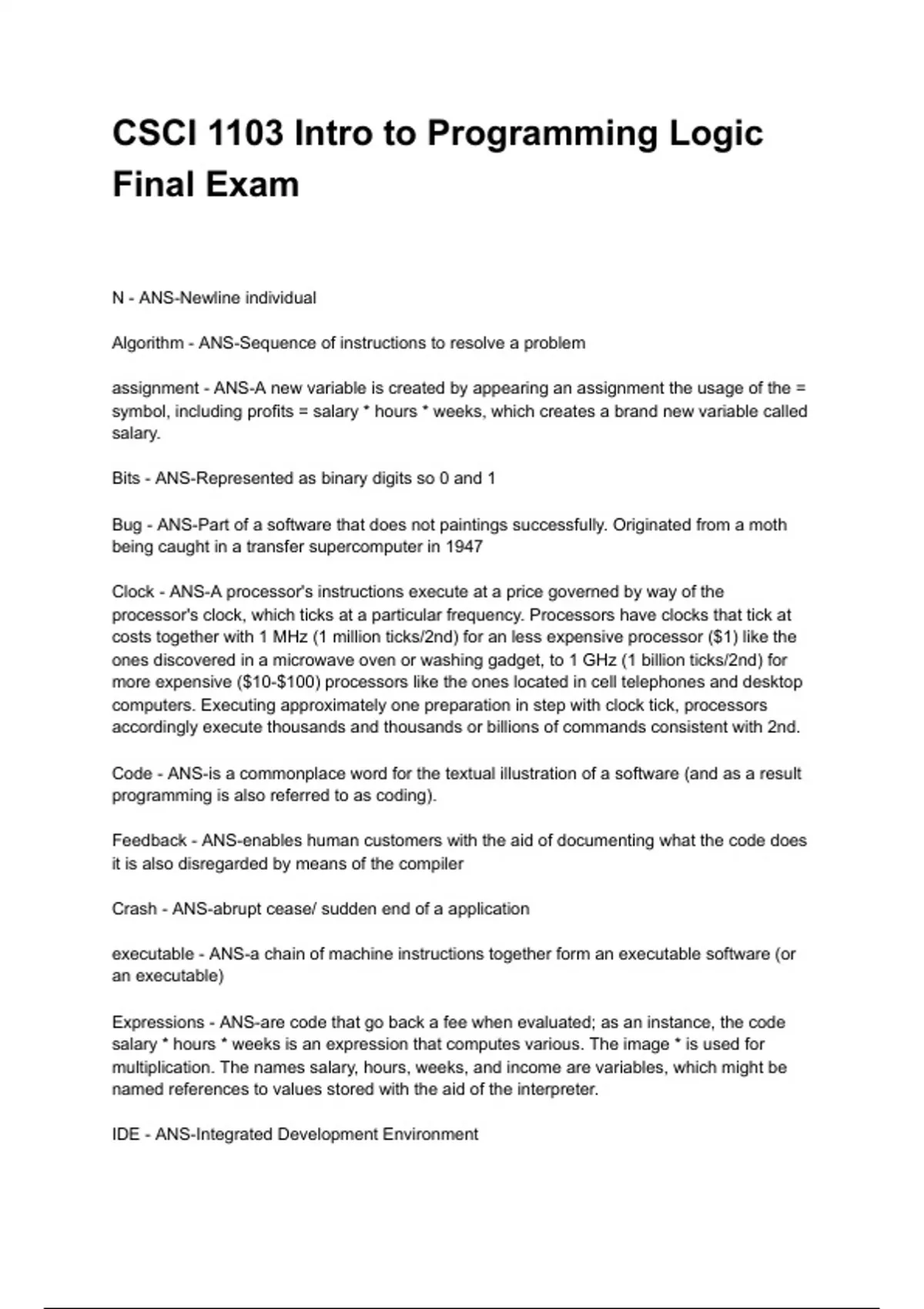 CSCI 1103 Intro to Programming Logic Final Exam QUESTIONS WITH DETAILED VERIFIED ANSWERS (100% ...