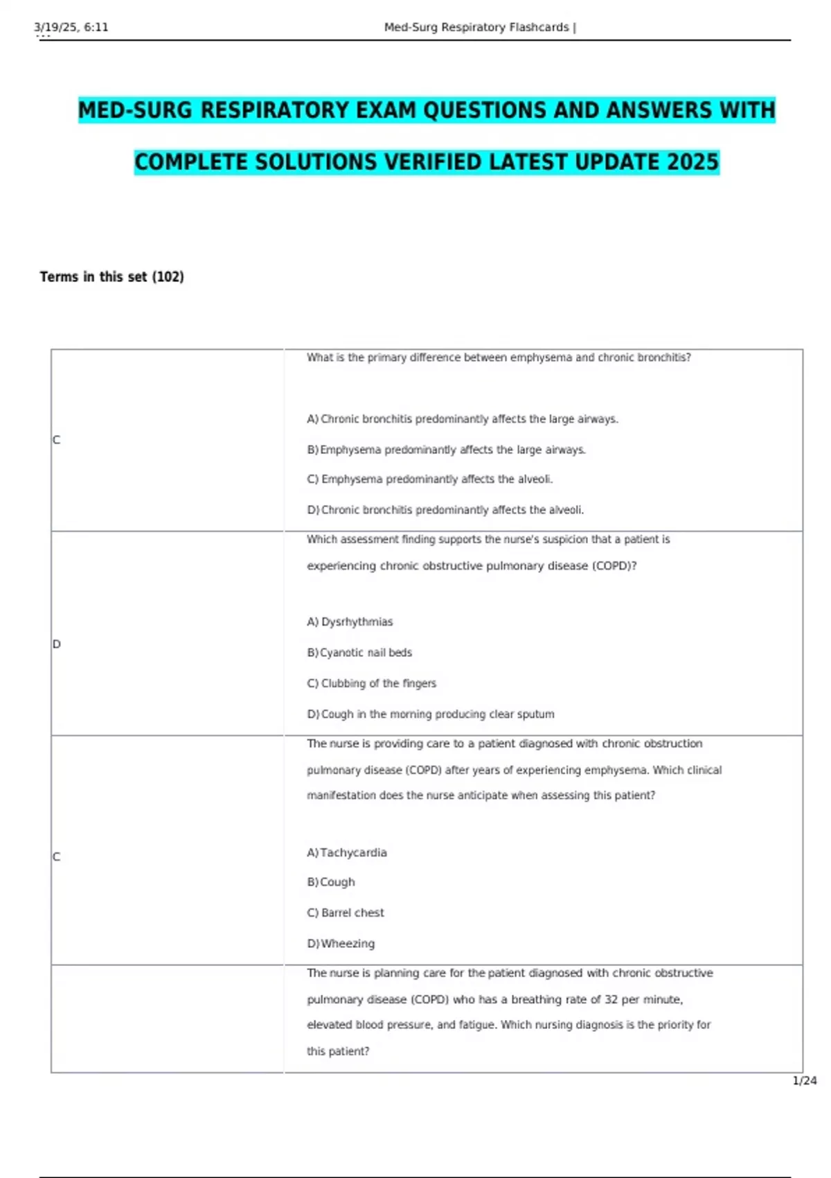 MED-SURG RESPIRATORY EXAM QUESTIONS AND ANSWERS WITH COMPLETE SOLUTIONS ...