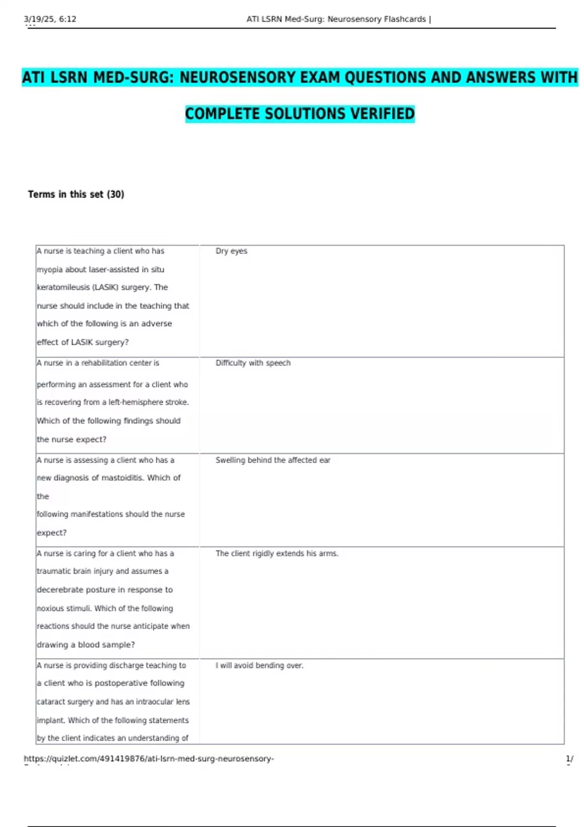 ATI LSRN MED-SURG: NEUROSENSORY EXAM QUESTIONS AND ANSWERS WITH ...