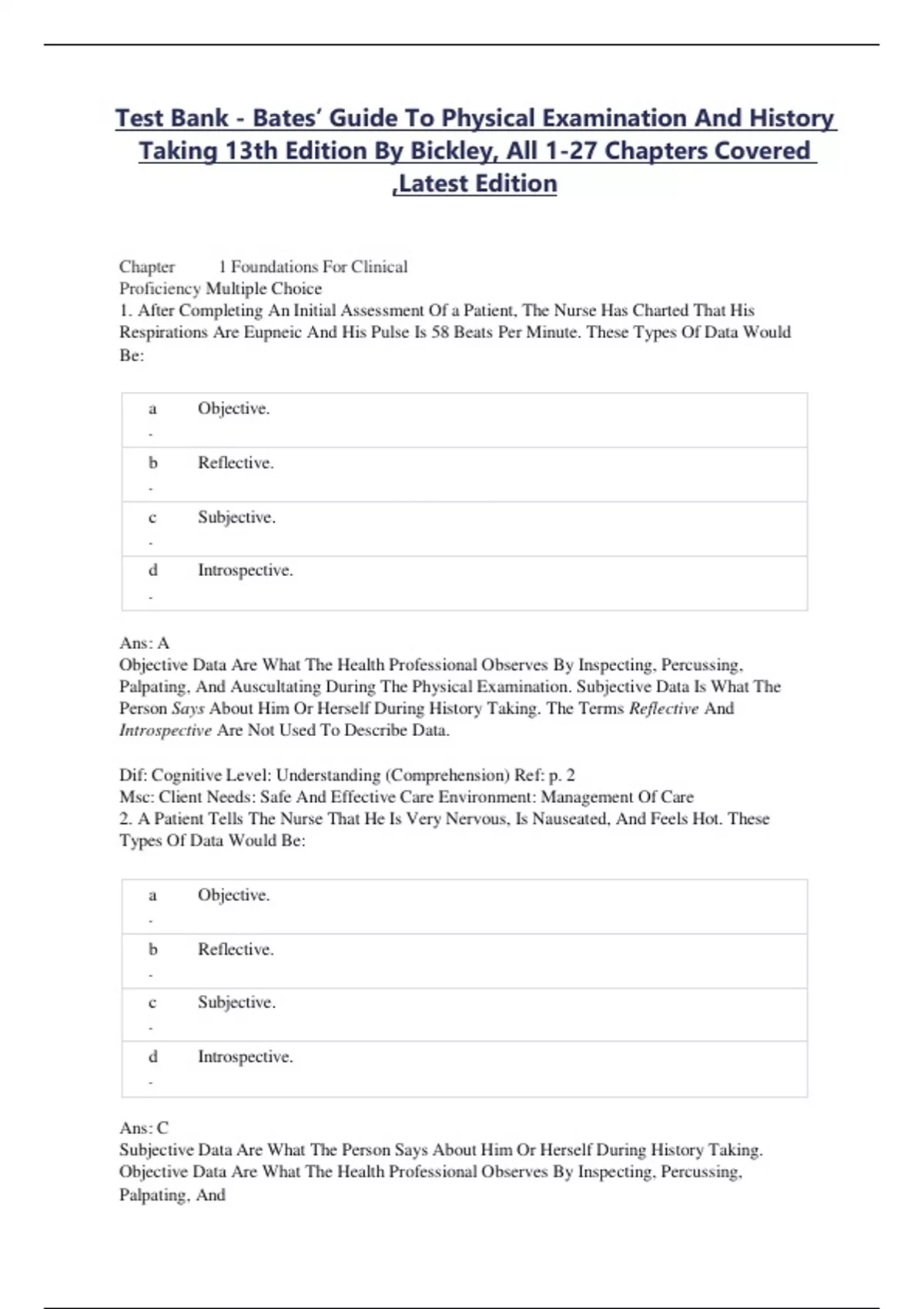 Test Bank - Bates’ Guide to Physical Examination and History Taking ...