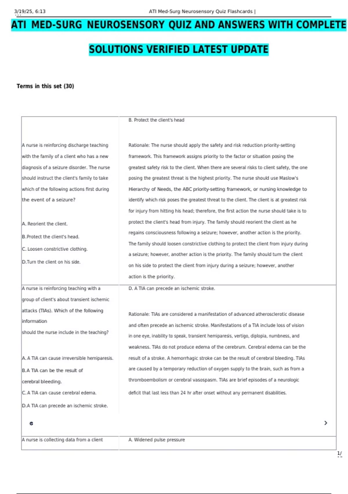 ATI MED-SURG NEUROSENSORY QUIZ AND ANSWERS WITH COMPLETE SOLUTIONS ...