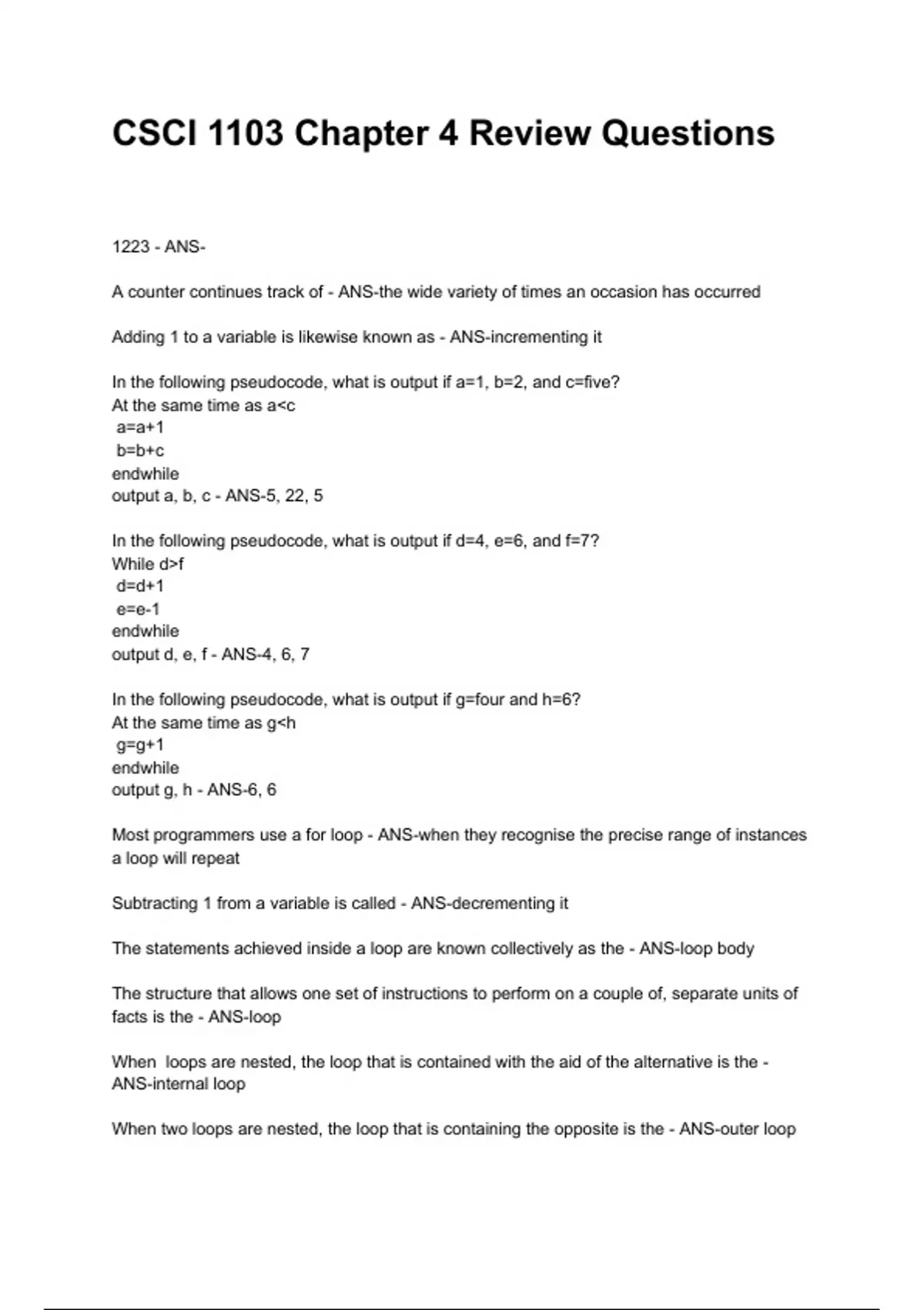 CSCI 1103 Chapter 4 Review Questions QUESTIONS WITH DETAILED VERIFIED ANSWERS (100% CORRECT ...