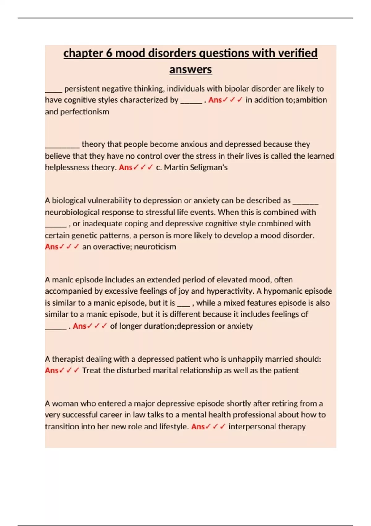 chapter 6 mood disorders questions with verified answers. - Mood ...