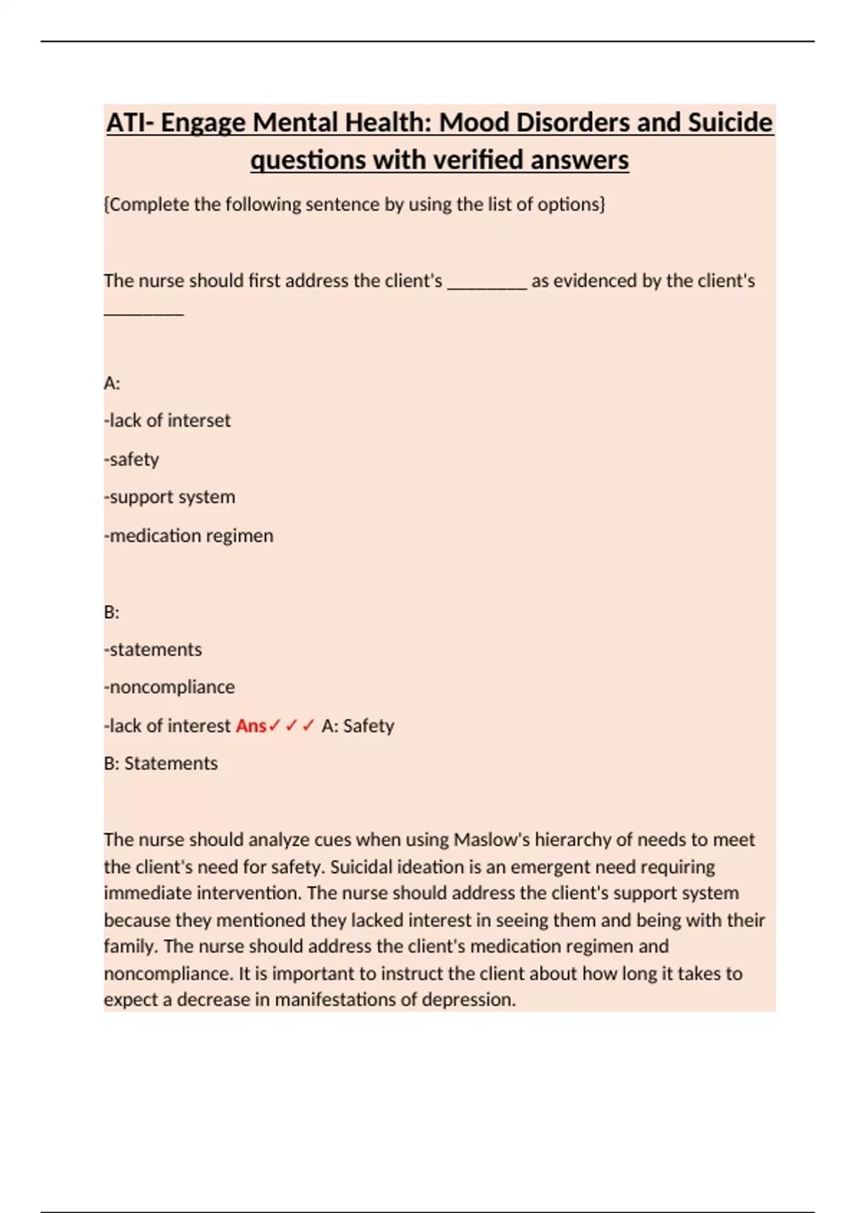 ATI- Engage Mental Health: Mood Disorders and Suicide questions with ...