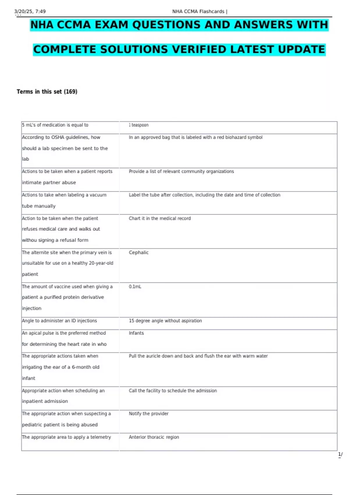 NHA CCMA EXAM QUESTIONS AND ANSWERS WITH COMPLETE SOLUTIONS VERIFIED ...