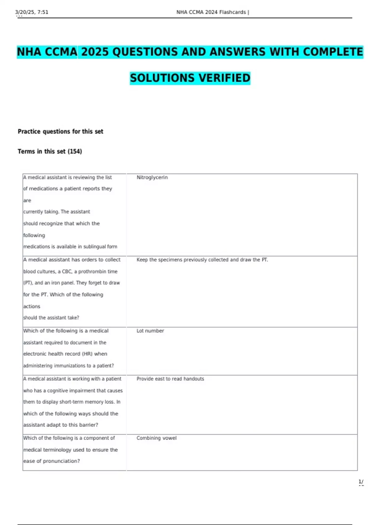 NHA CCMA 2025 QUESTIONS AND ANSWERS WITH COMPLETE SOLUTIONS VERIFIED ...