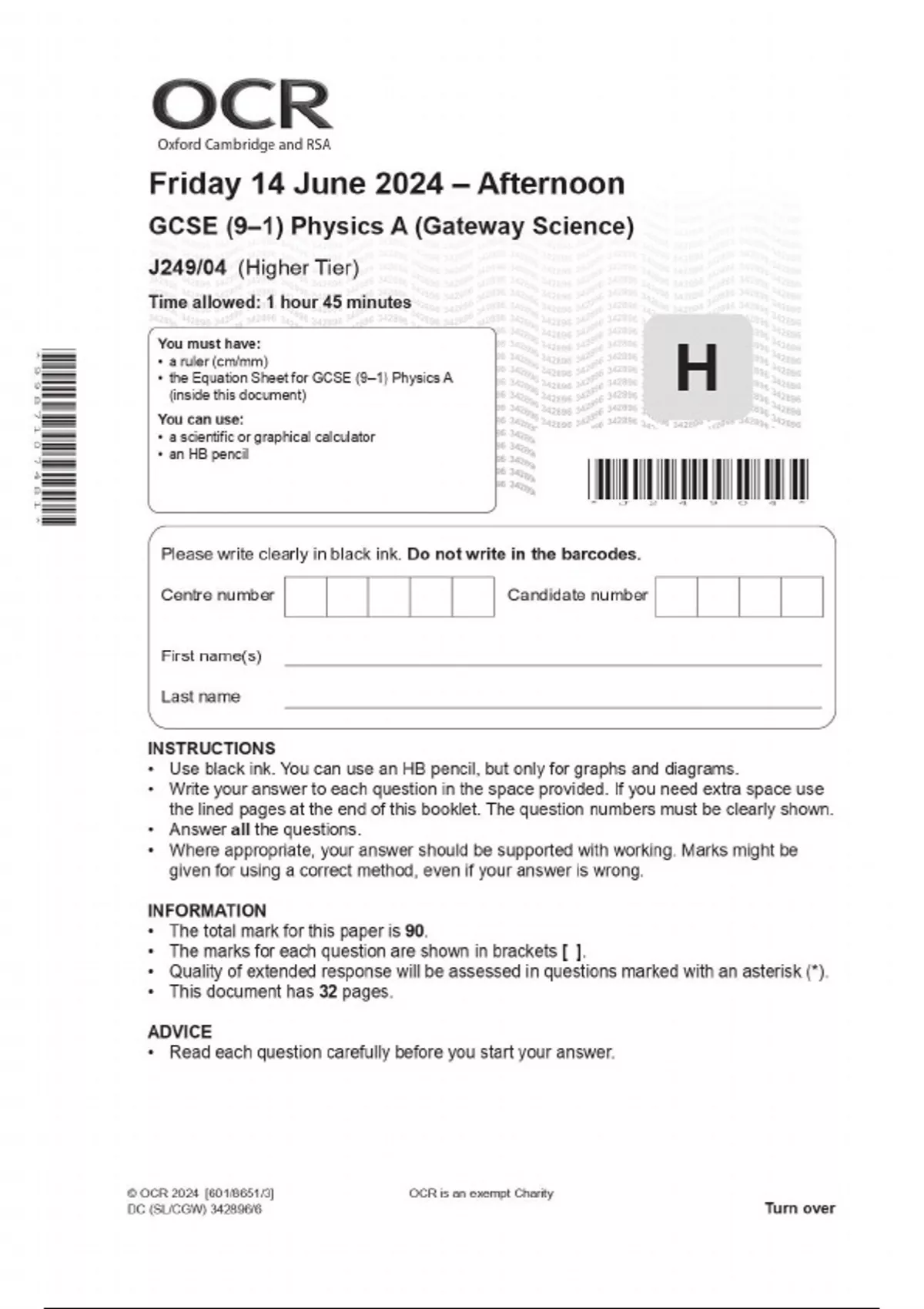 ACTAUAL 2024 OCR GCSE (9–1) PHYSICS A (GATEWAY SCIENCE) J249/04 (HIGHER TIER) GCSE ACTAUAL 2024 ...