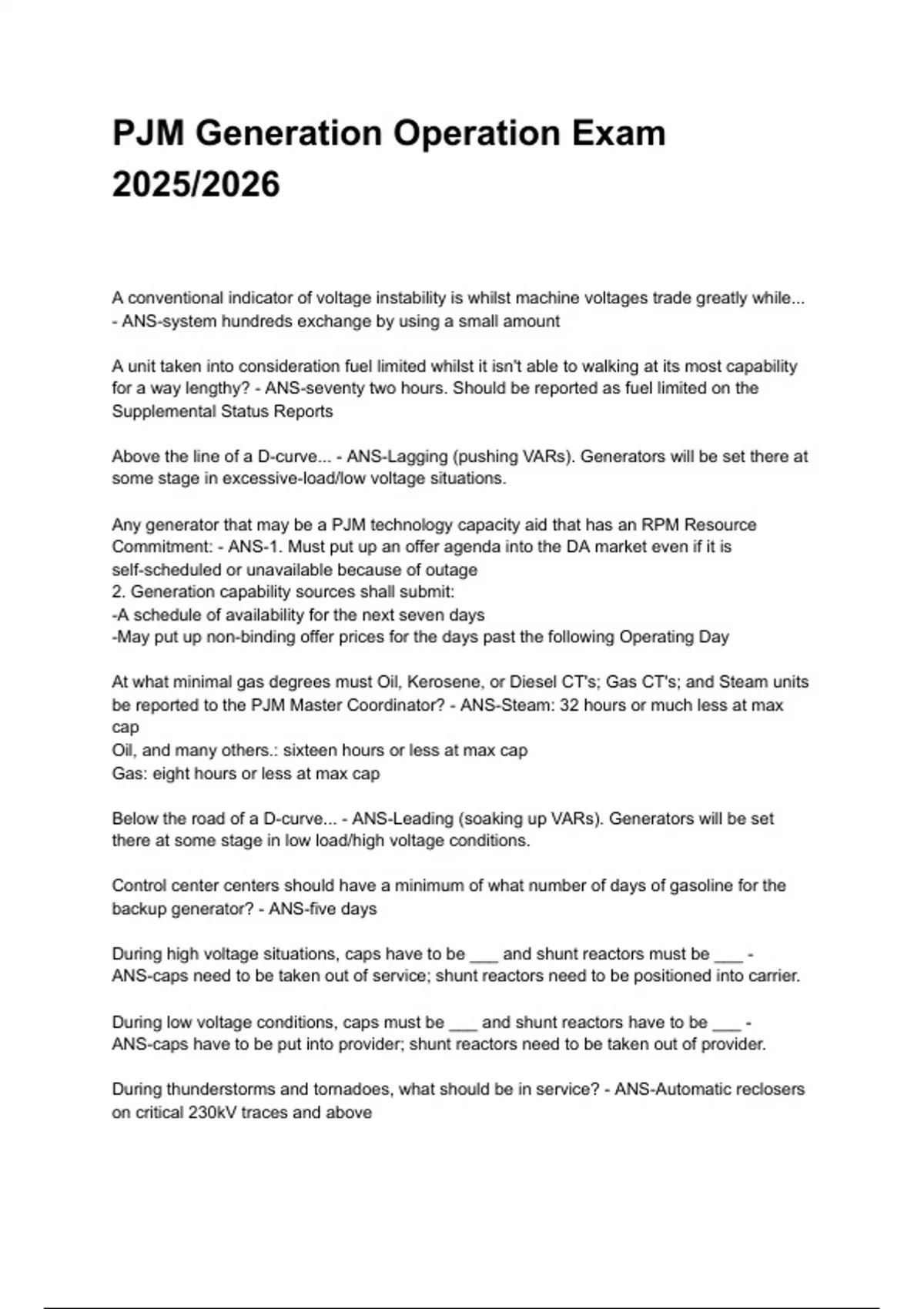 PJM Generation Operation Exam 2025/2026 QUESTIONS WITH DETAILED ...