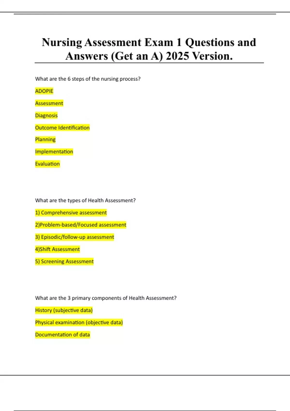 Nursing Assessment Exam 1 Questions and Answers (Get an A) 2025 Version ...