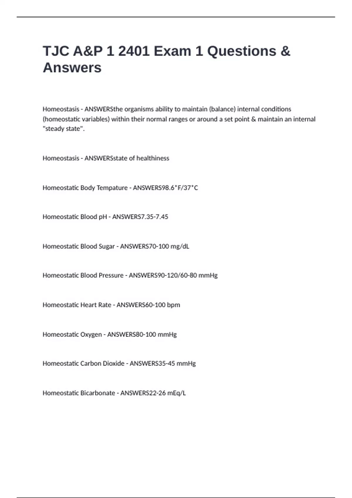 TJC A&P 1 2401 Exam 1 Questions & Answers - TJC A&P 1 2401 - Stuvia US