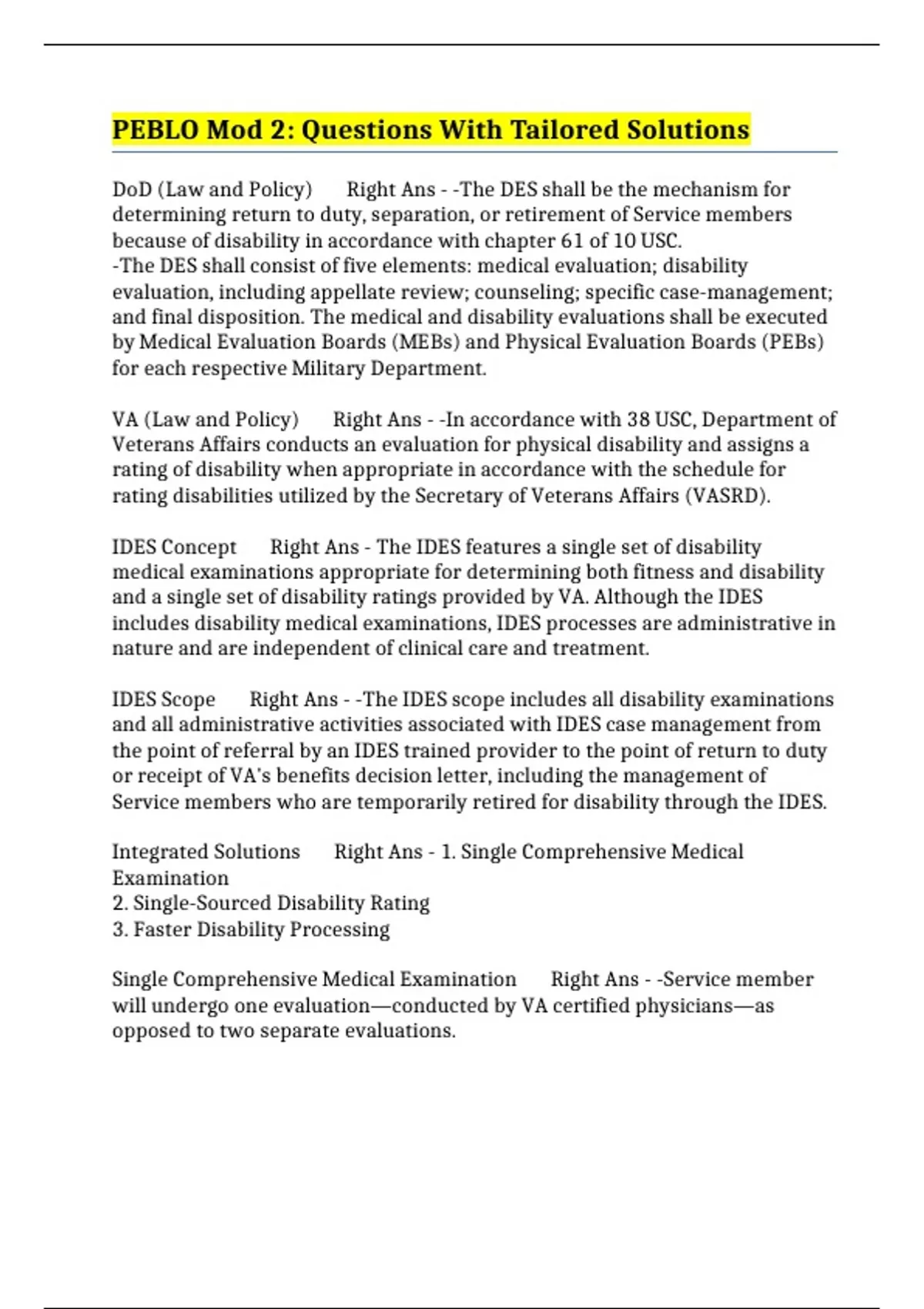 PEBLO Mod 2: Questions With Tailored Solutions - MEB - Stuvia US