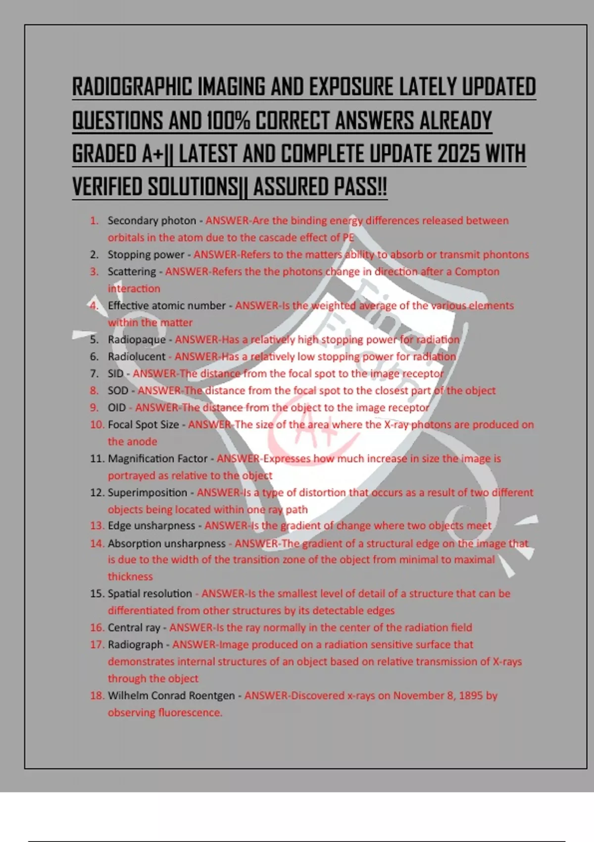 RADIOGRAPHIC IMAGING AND EXPOSURE LATELY UPDATED QUESTIONS AND 100% ...