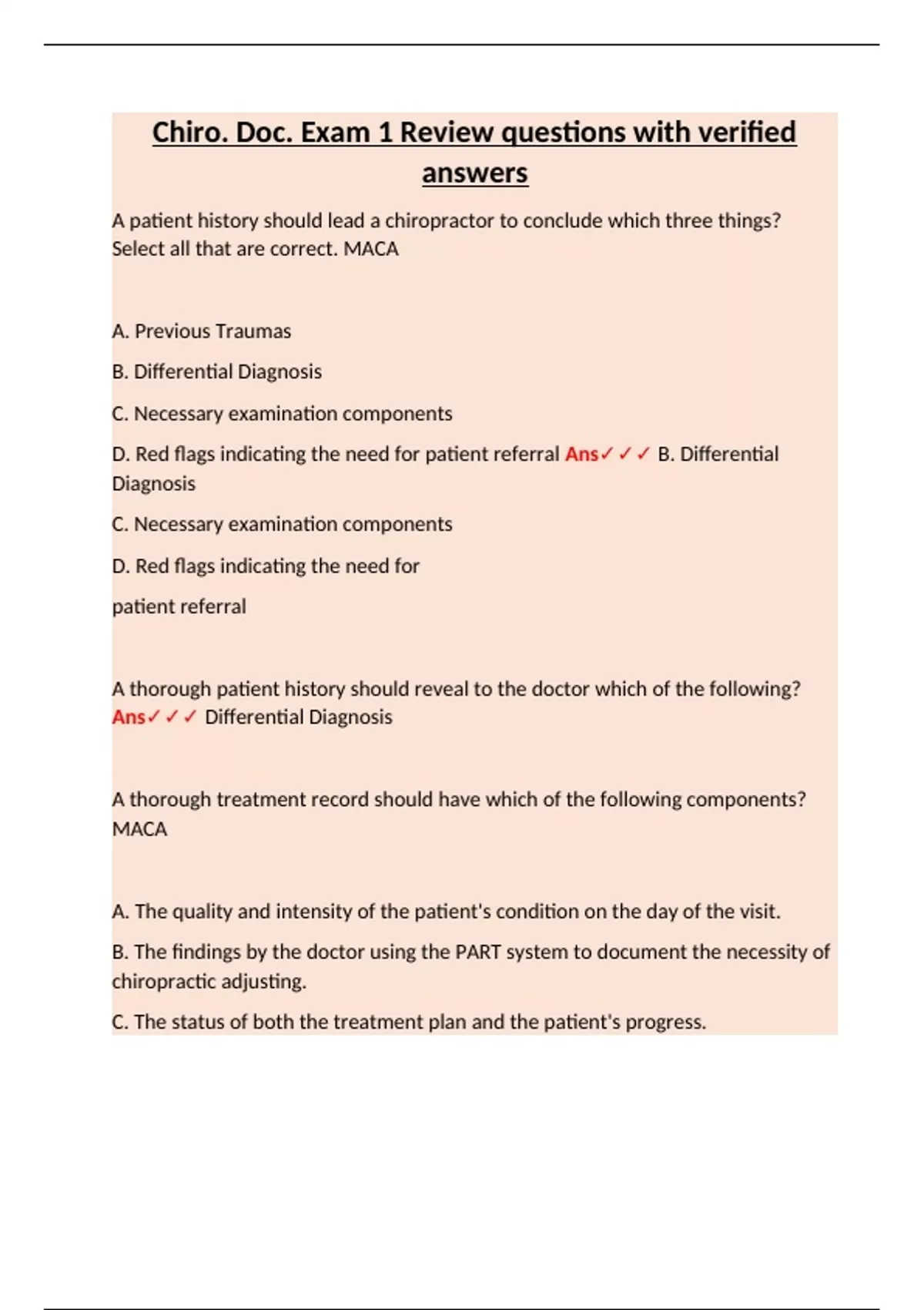 Chiro. Doc. Exam 1 Review questions with verified answers ...