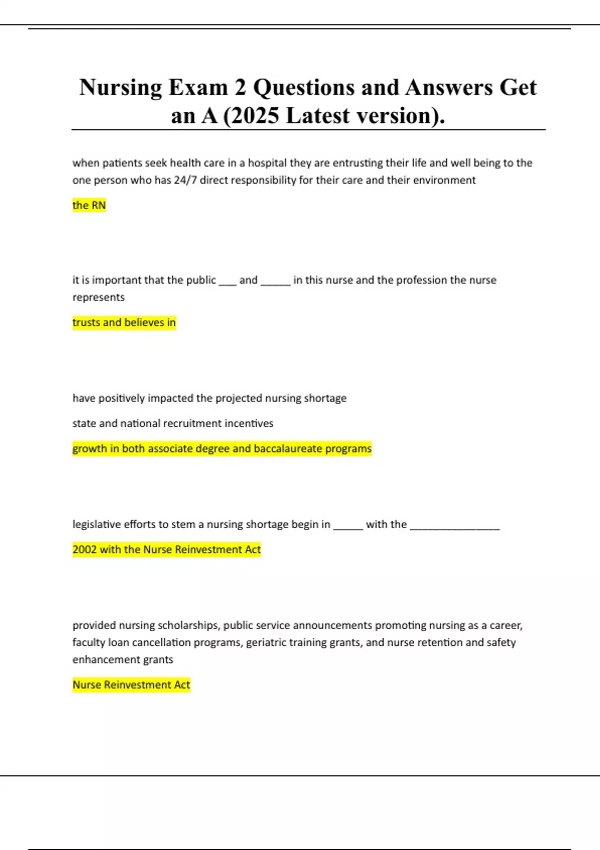Nursing Exam 2 Questions and Answers Get an A (2025 Latest version ...