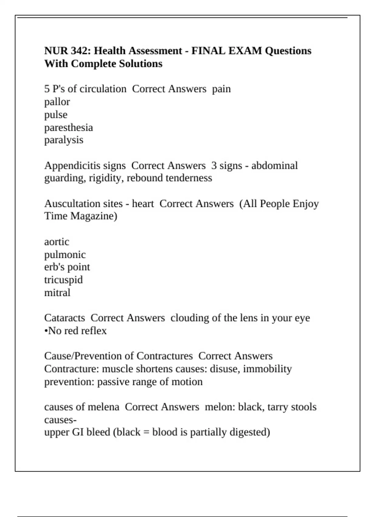 NUR 342: Health Assessment - FINAL EXAM Questions With Complete ...