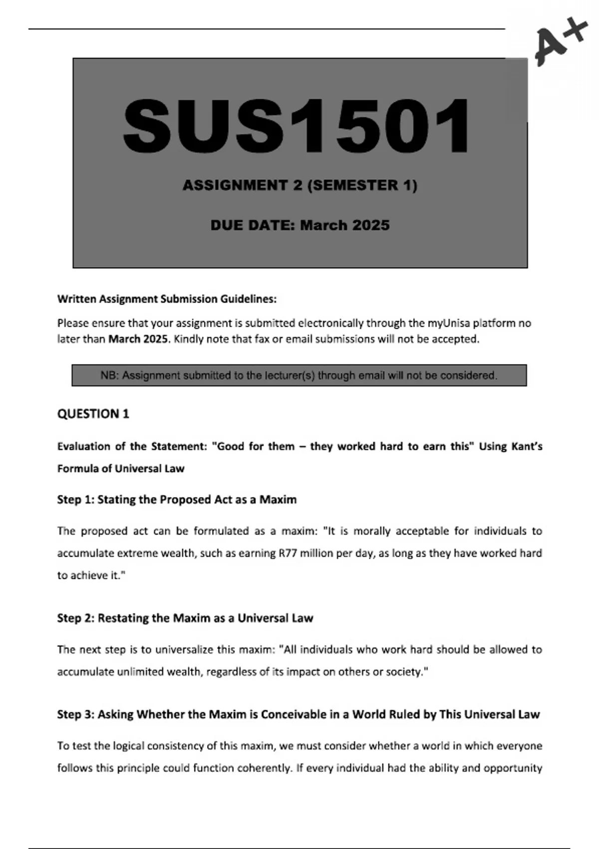 SUS1501 Assignment 2 (COMPLETE ANSWERS) Semester 1 2025 - DUE March ...