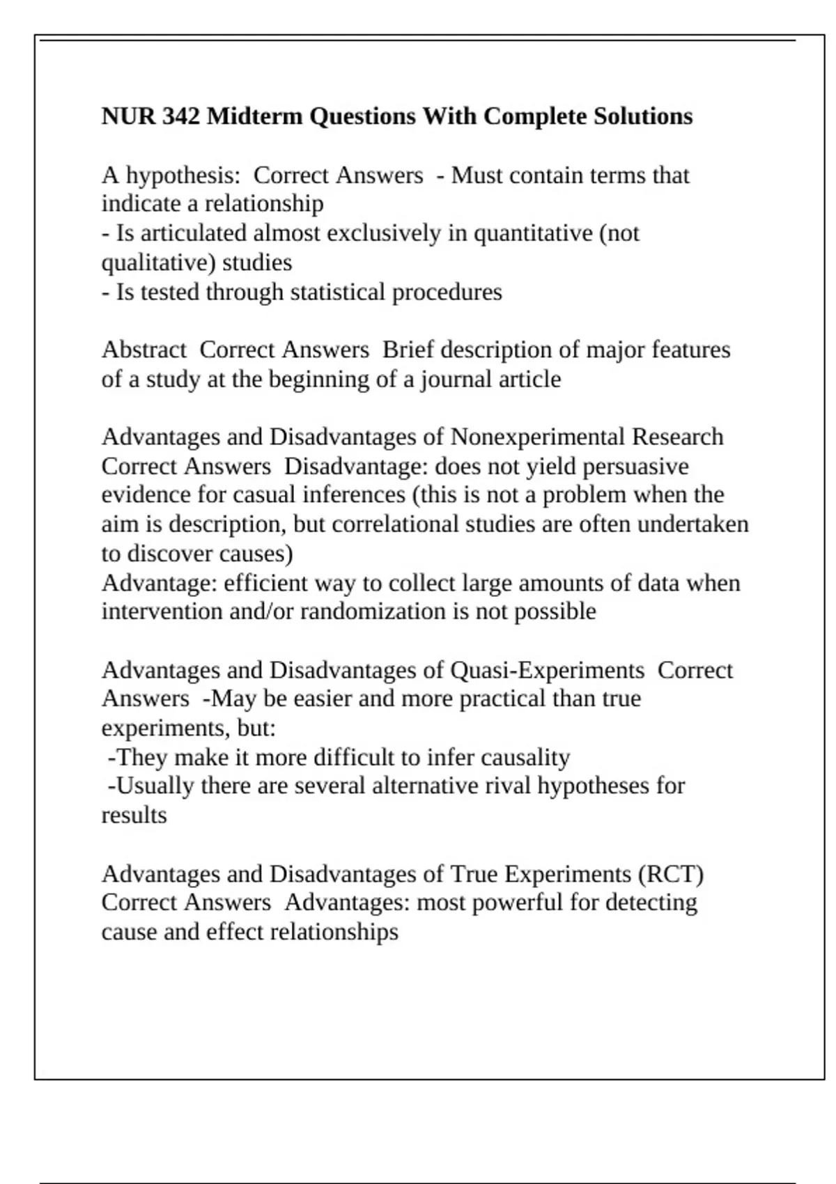 NUR 342 Midterm Questions With Complete Solutions - NUR 342 - Stuvia US