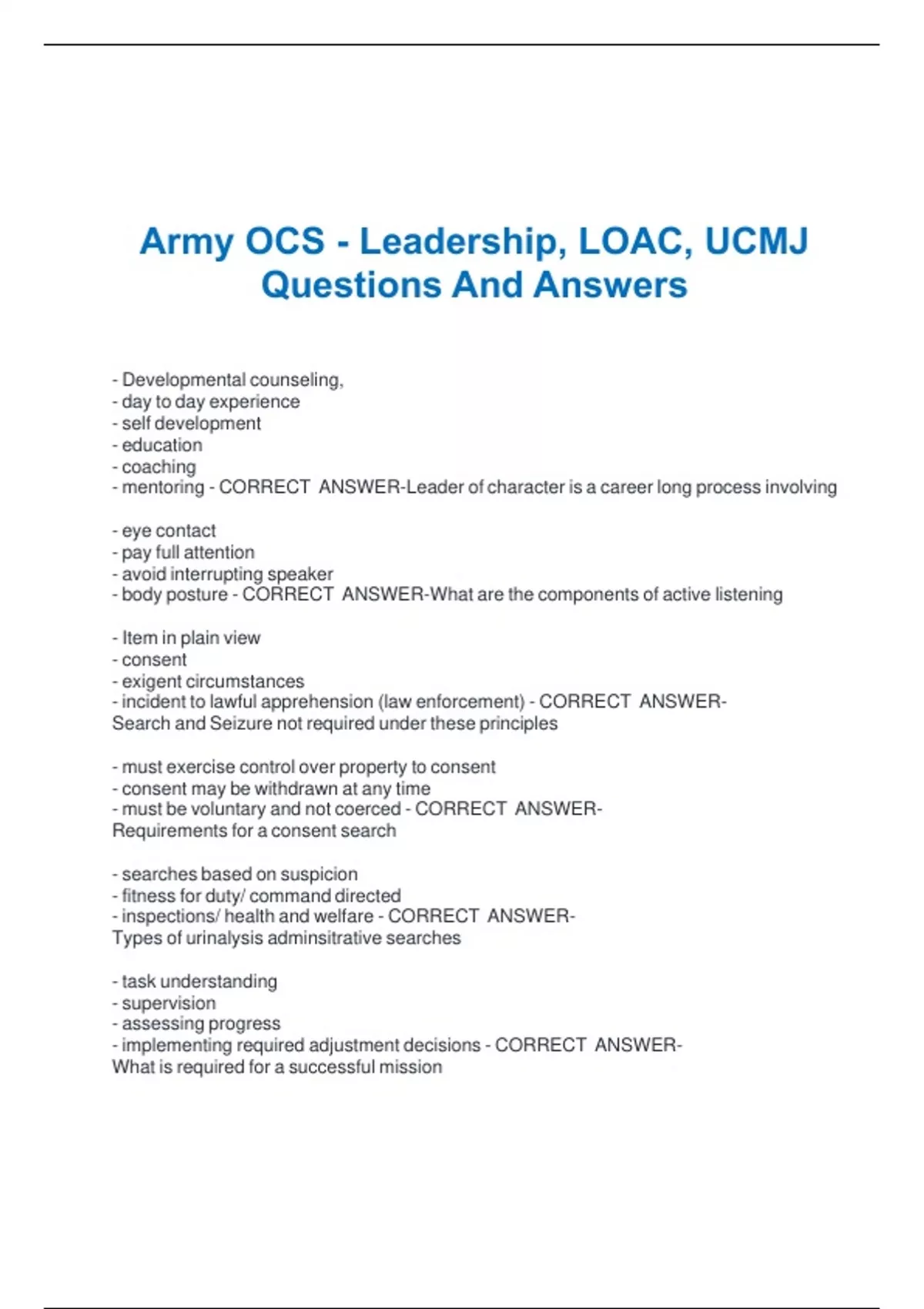 Army OCS - Leadership, LOAC, UCMJ Questions And Answers - Army OCS ...