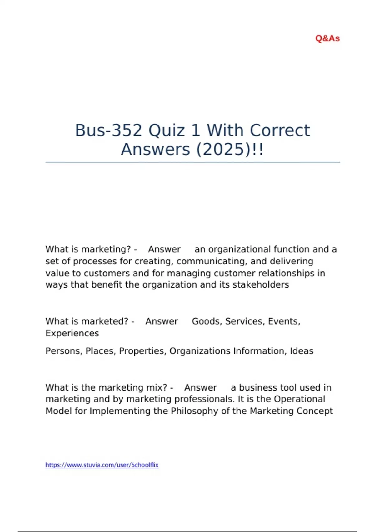 Bus-352 Quiz 1 With Correct Answers (2025)!! - BUS 3525 - Stuvia US