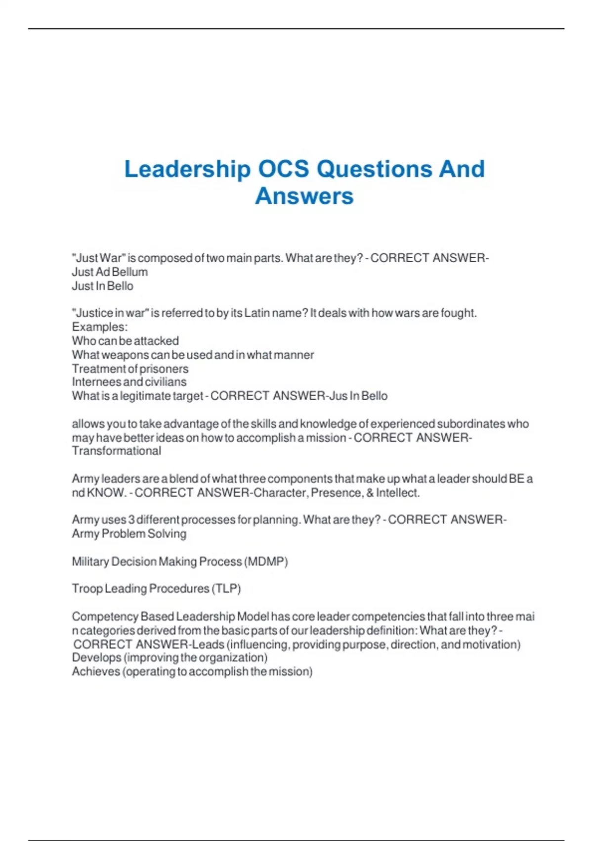 Leadership OCS Questions And Answers - Leadership OCS - Stuvia US