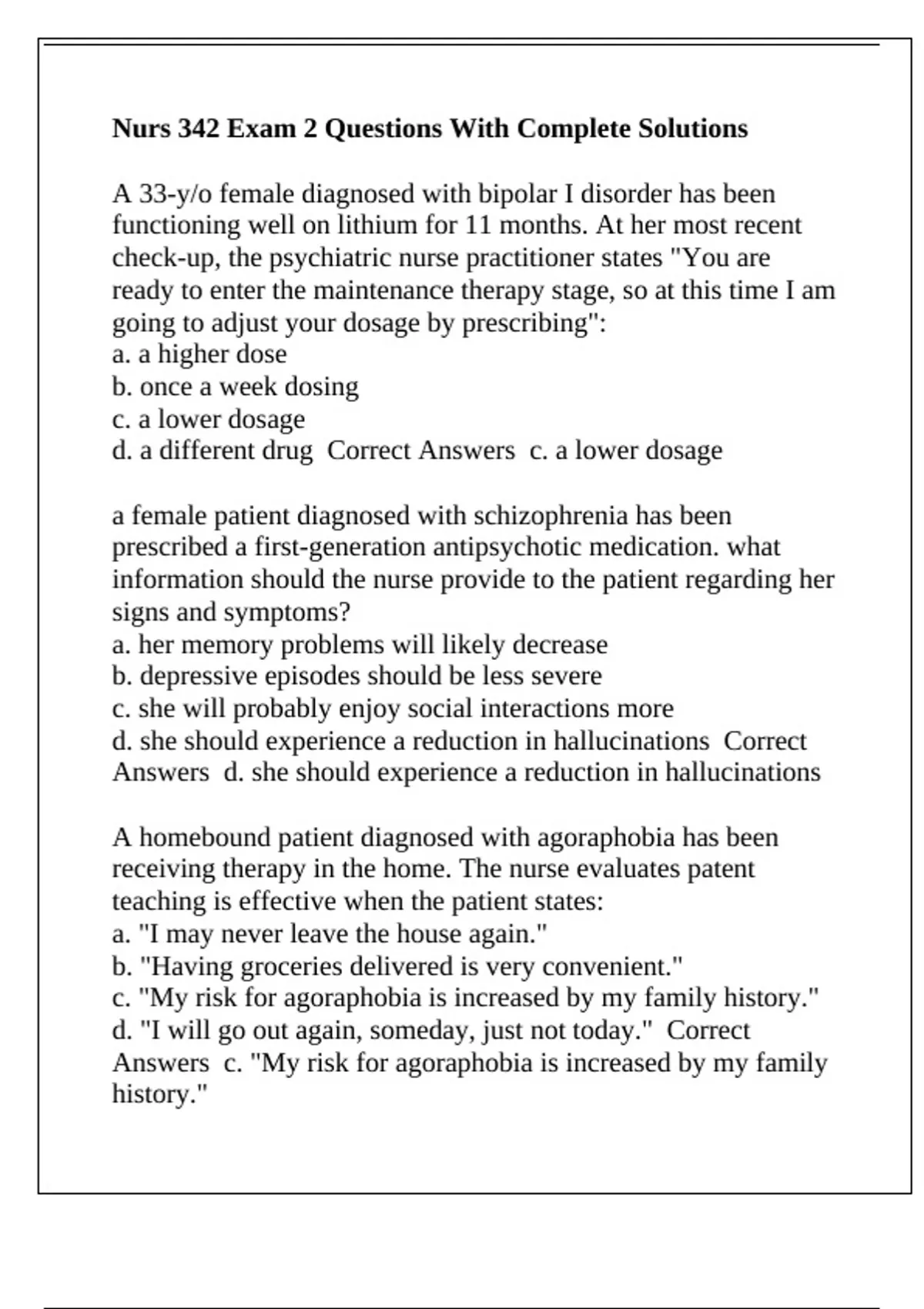 Nurs 342 Exam 2 Questions With Complete Solutions - Nurs 342 - Stuvia US