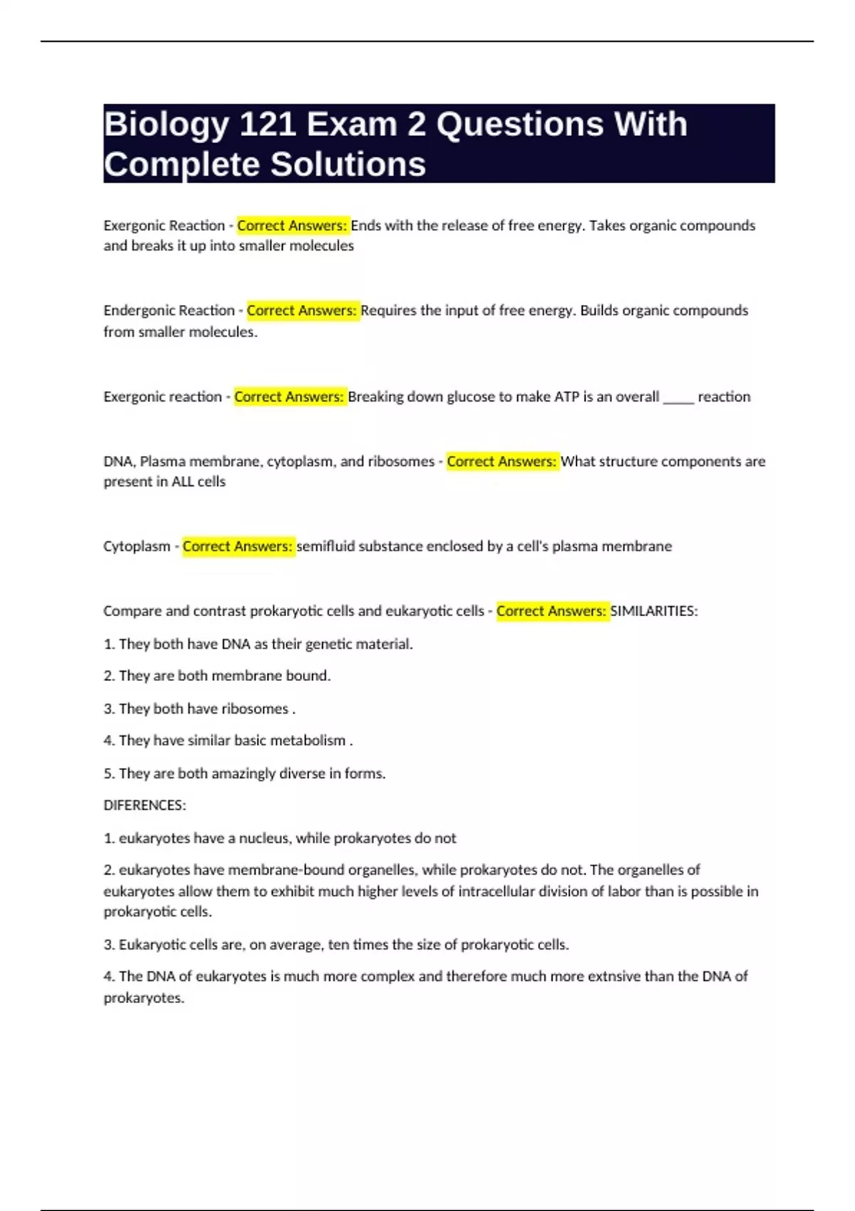 Biology 121 Exam 2 Questions With Complete Solutions - BIO 121 - Stuvia US