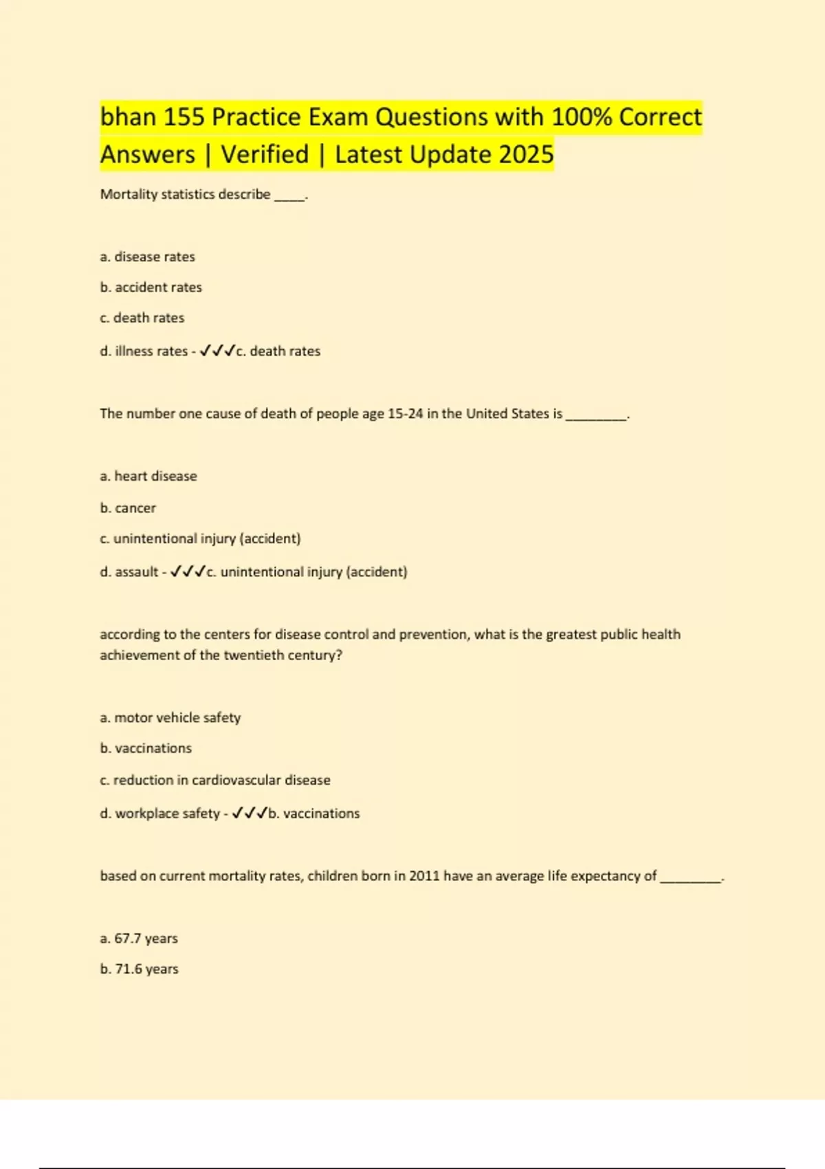 bhan 155 Practice Exam Questions with 100% Correct Answers | Verified ...