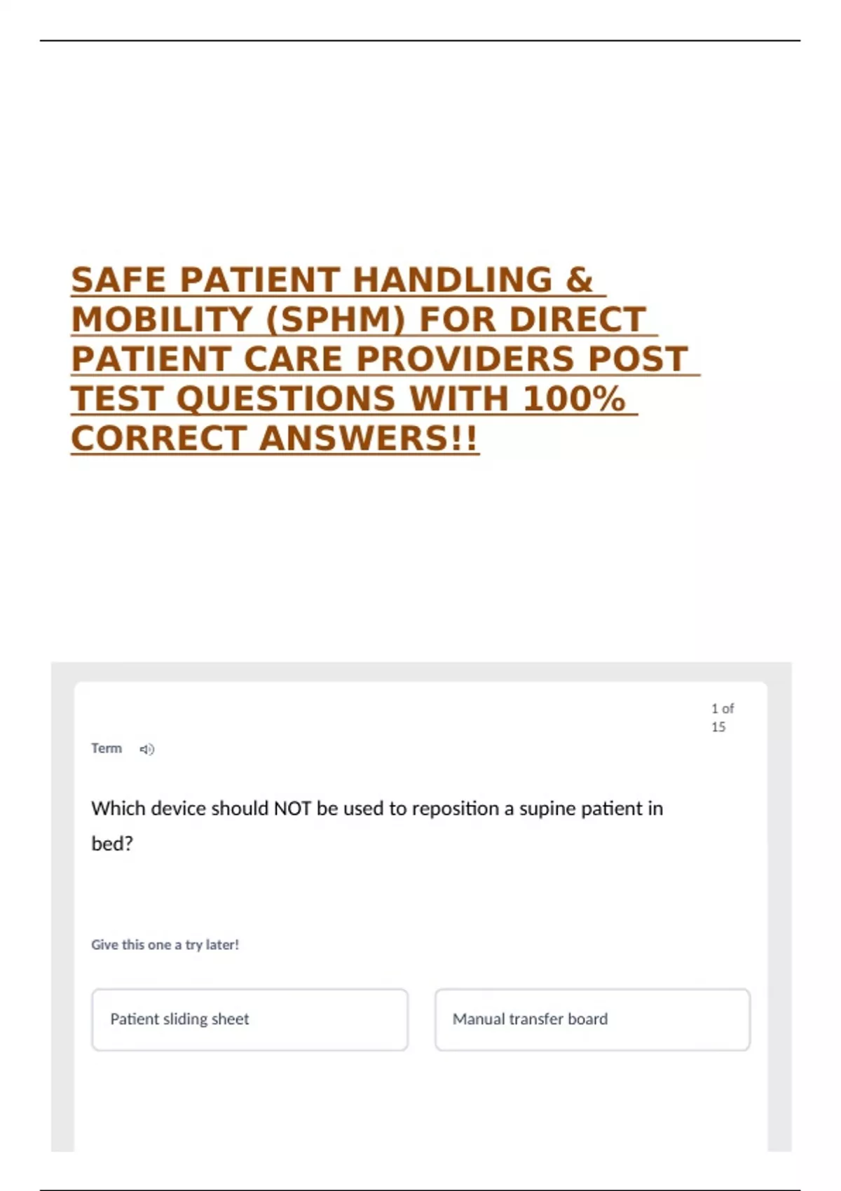 SAFE PATIENT HANDLING & MOBILITY (SPHM) FOR DIRECT PATIENT CARE ...
