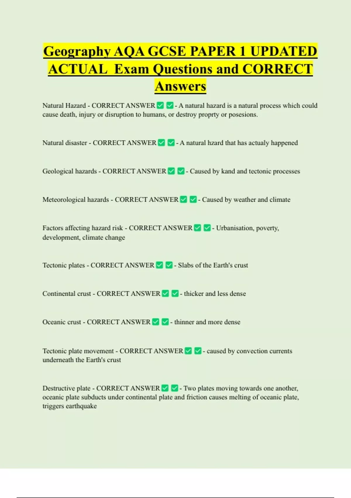 Geography AQA GCSE PAPER 1 UPDATED ACTUAL Exam Questions and CORRECT ...