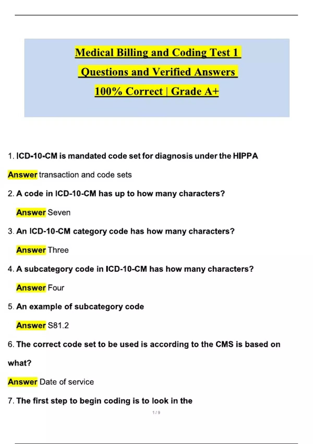 Medical Billing and Coding Test 1 (Latest 2025 / 2026 Update) Questions ...