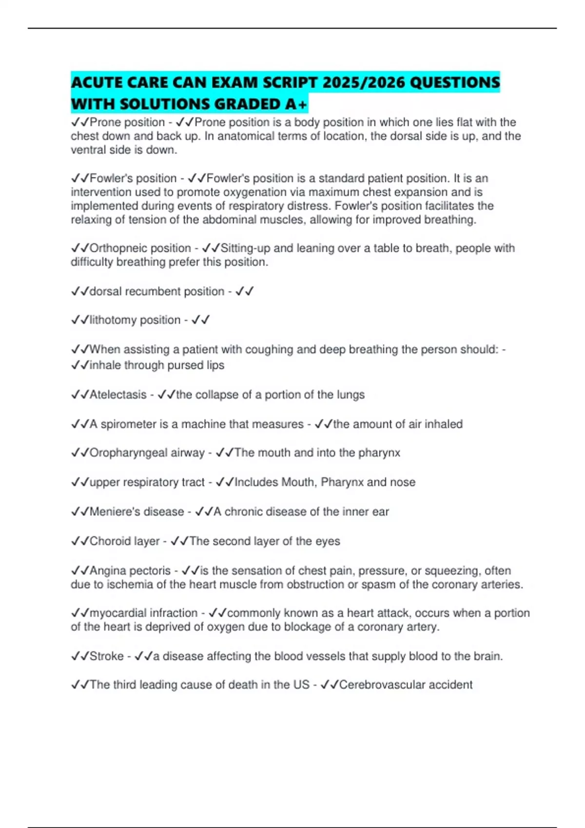 ACUTE CARE CAN EXAM SCRIPT 2025/2026 QUESTIONS WITH SOLUTIONS GRADED A+ ...