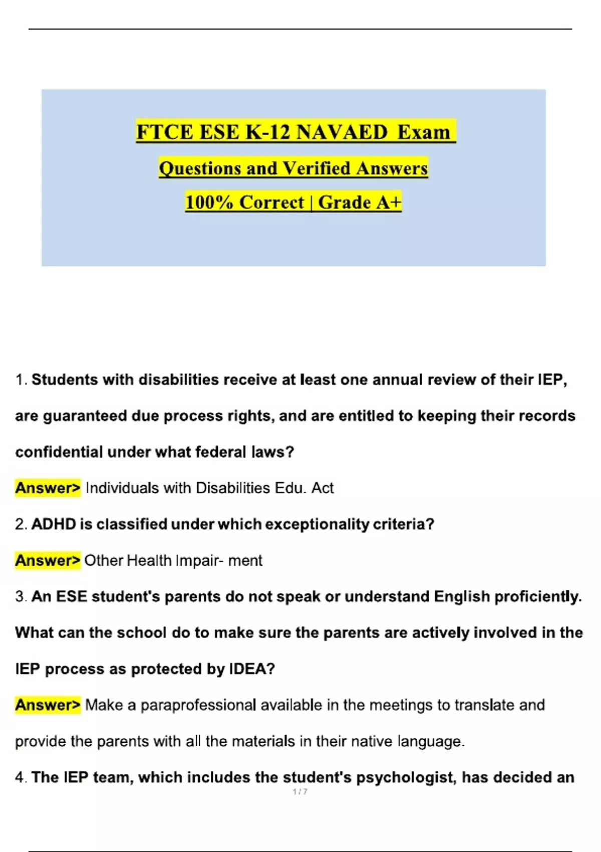 NAVAED FTCE ESE K-12 Exam (2025 / 2026 Update) Questions and Verified ...