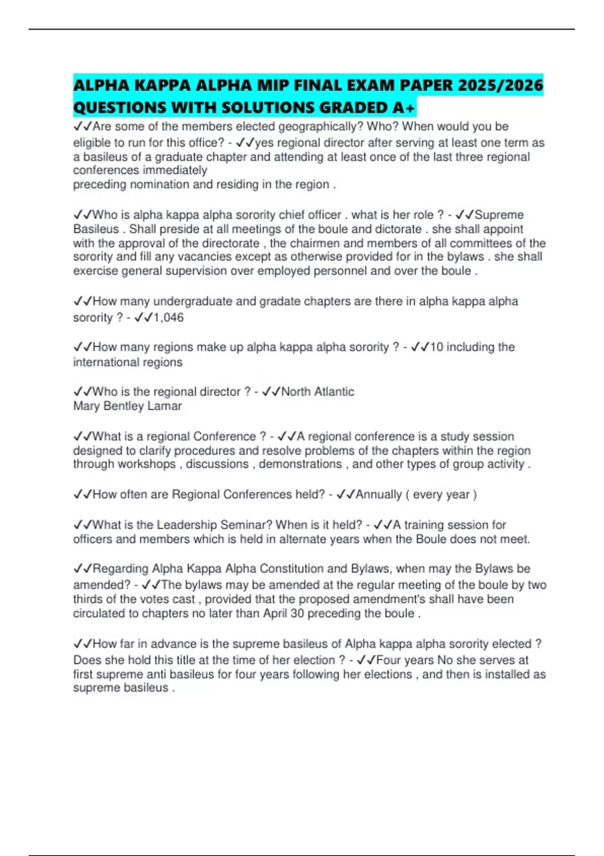 ALPHA KAPPA ALPHA MIP FINAL EXAM PAPER 2025/2026 QUESTIONS WITH SOLUTIONS GRADED A+ - ALPHA ...